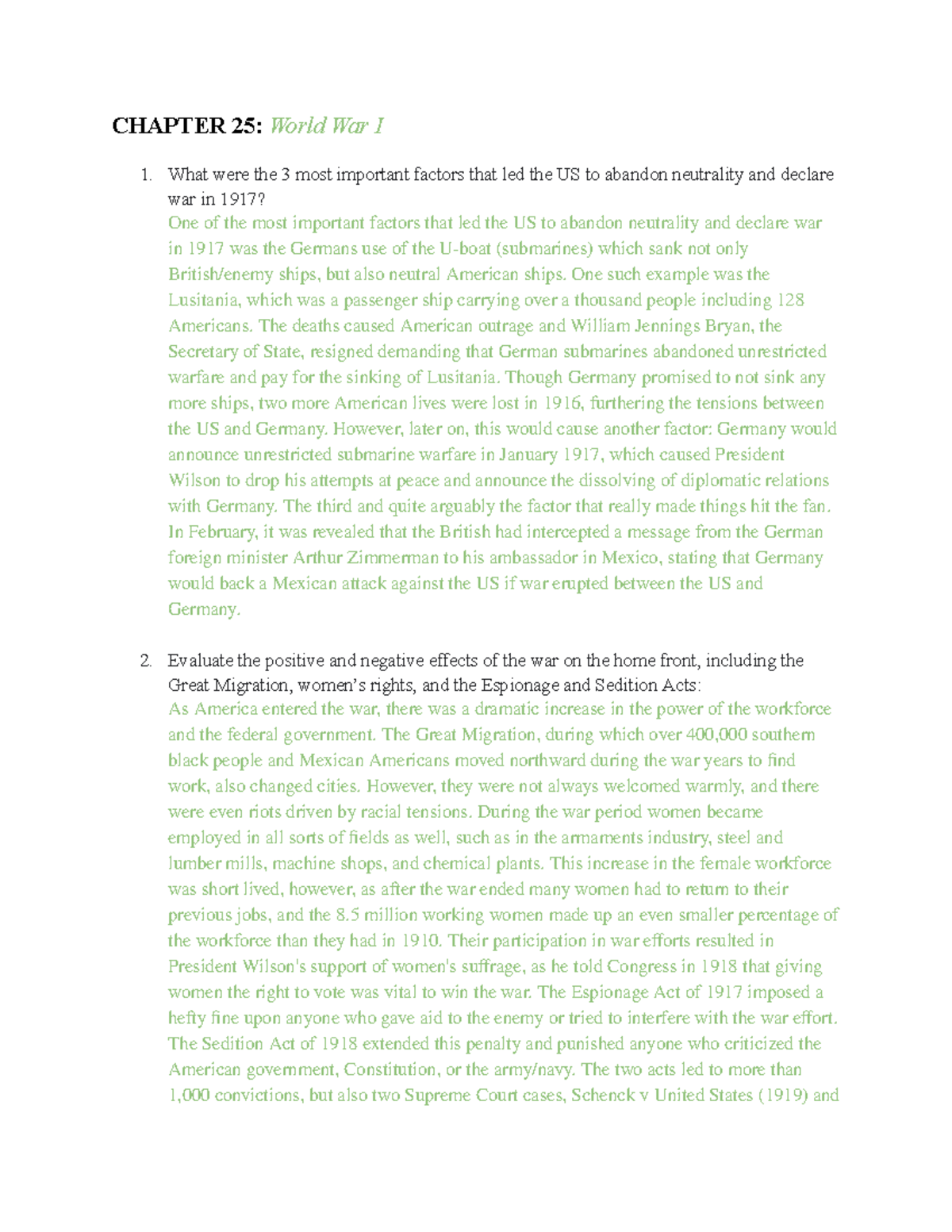 Chapter 25 HW Questions - CHAPTER 25: World War I What were the 3 most ...