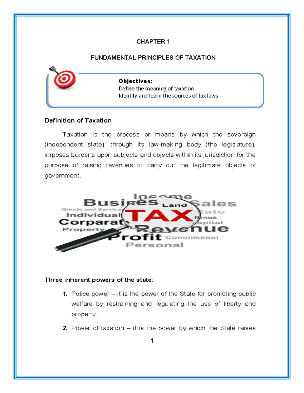 Cbtax 01- Chapter 1 Module - Objectives: Define the meaning of taxation ...
