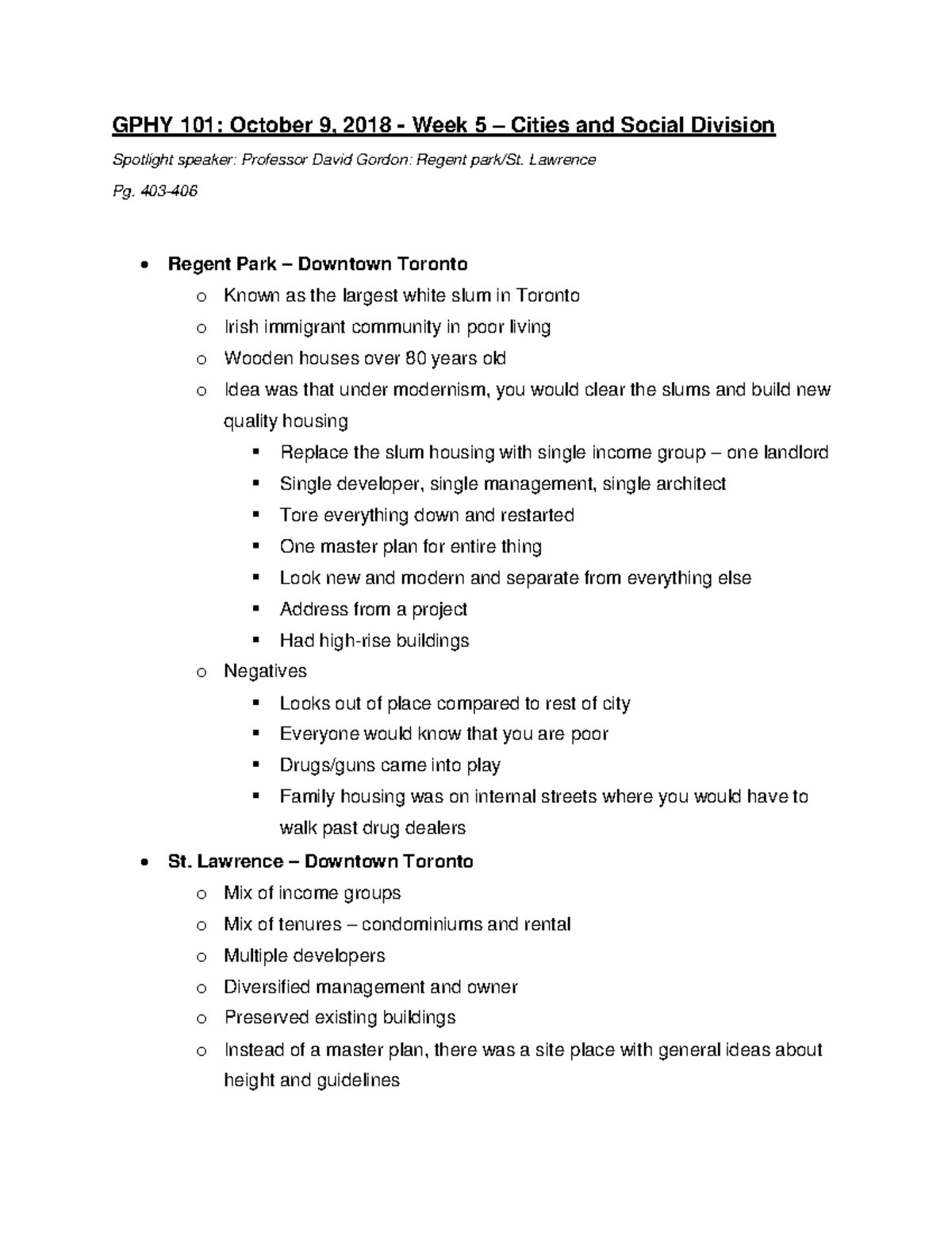 Oct 9: Cities and Social Division - Gphy 101 - Human Geography - - StuDocu