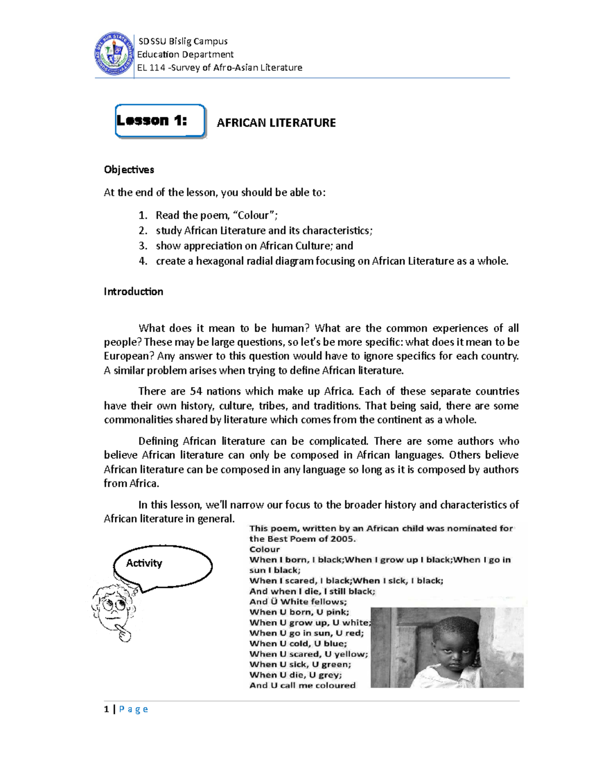 Lesson 1 - Afro-Asian Literature - Education Department EL 114 -Survey ...
