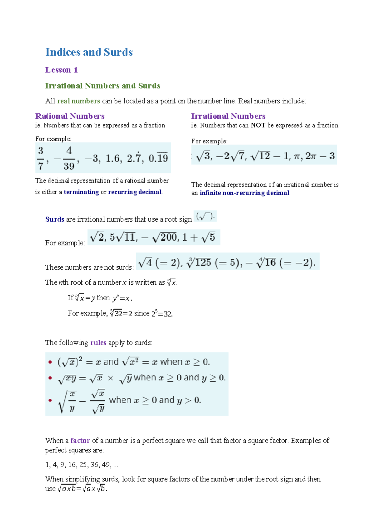1. Lesson 1 Irrational numbers and Surds - Indices and Surds Lesson 1 ...