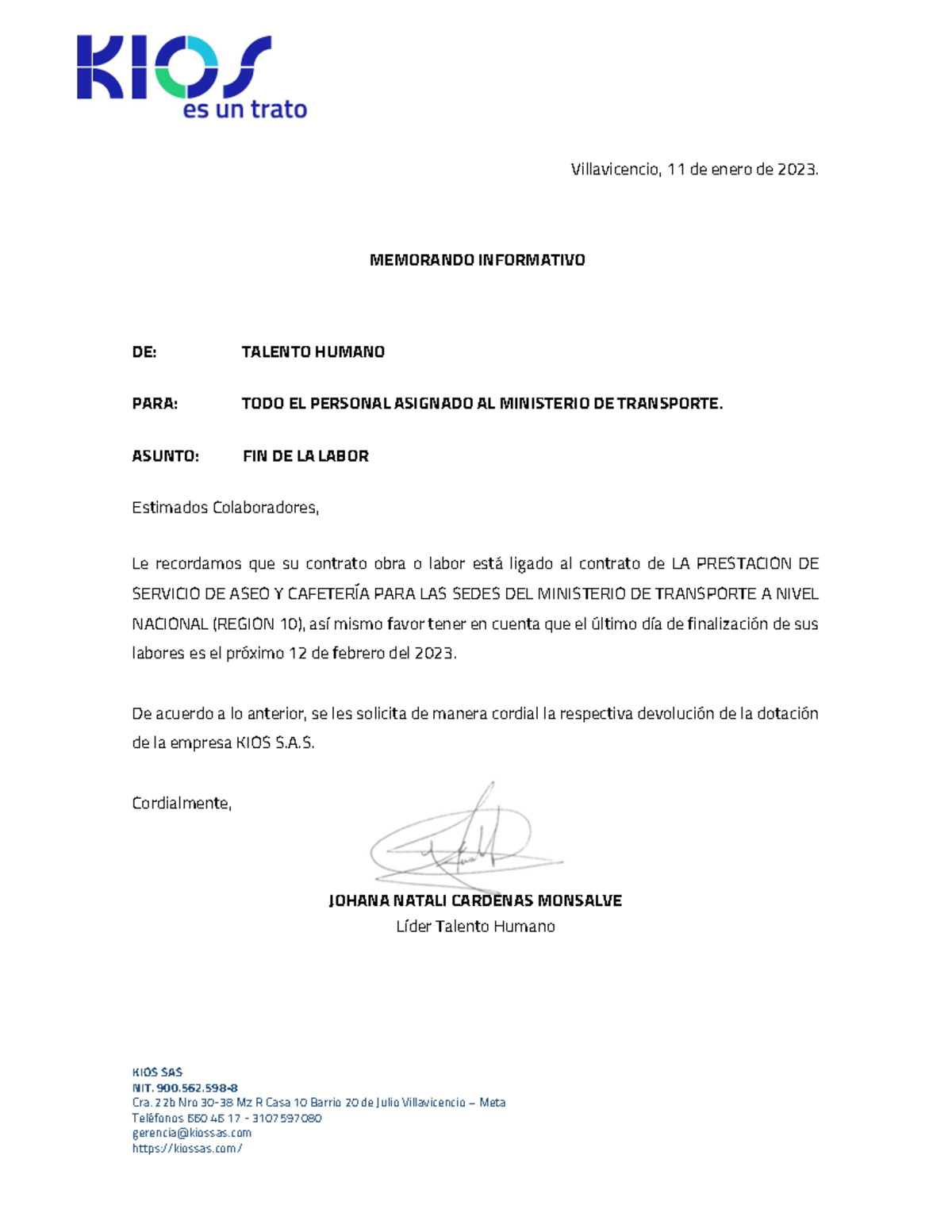 Memorando Informativo MIN Transporte - KIOS SAS NIT. 900.562-8 Cra. 22b ...
