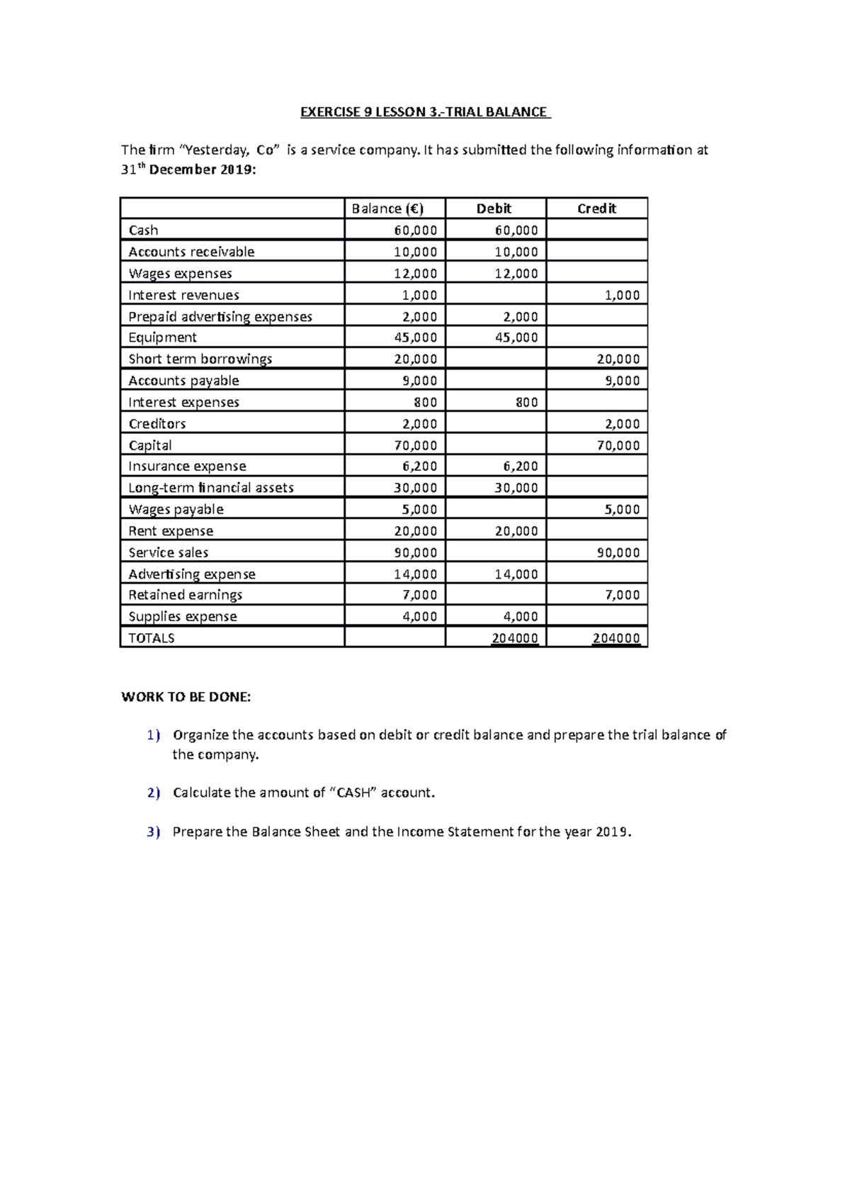 UNIT 3. Exercise 9 Trial balance - EXERCISE 9 LESSON 3.-TRIAL BALANCE ...