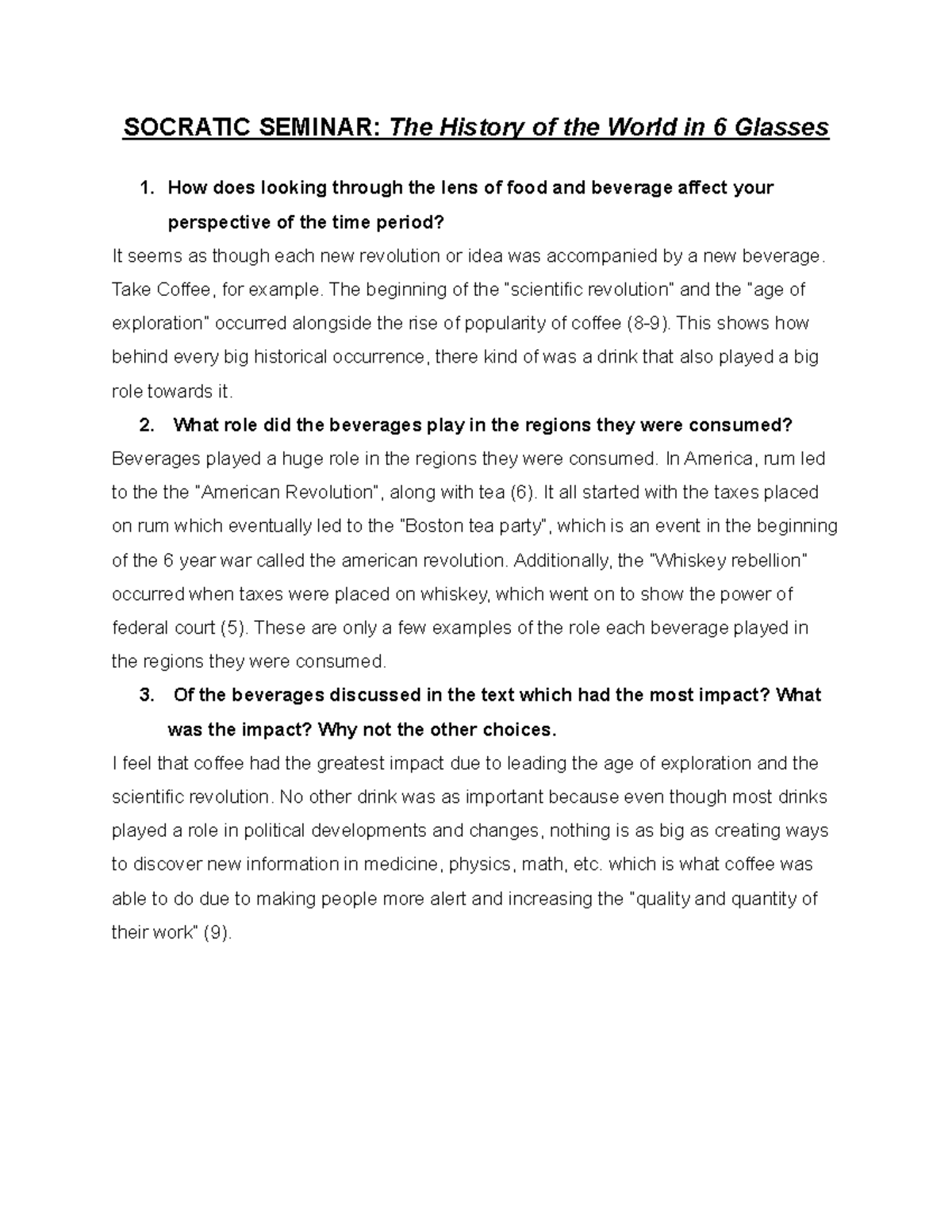 Socratic Seminar The History of the World in 6 Glasses - SOCRATIC ...