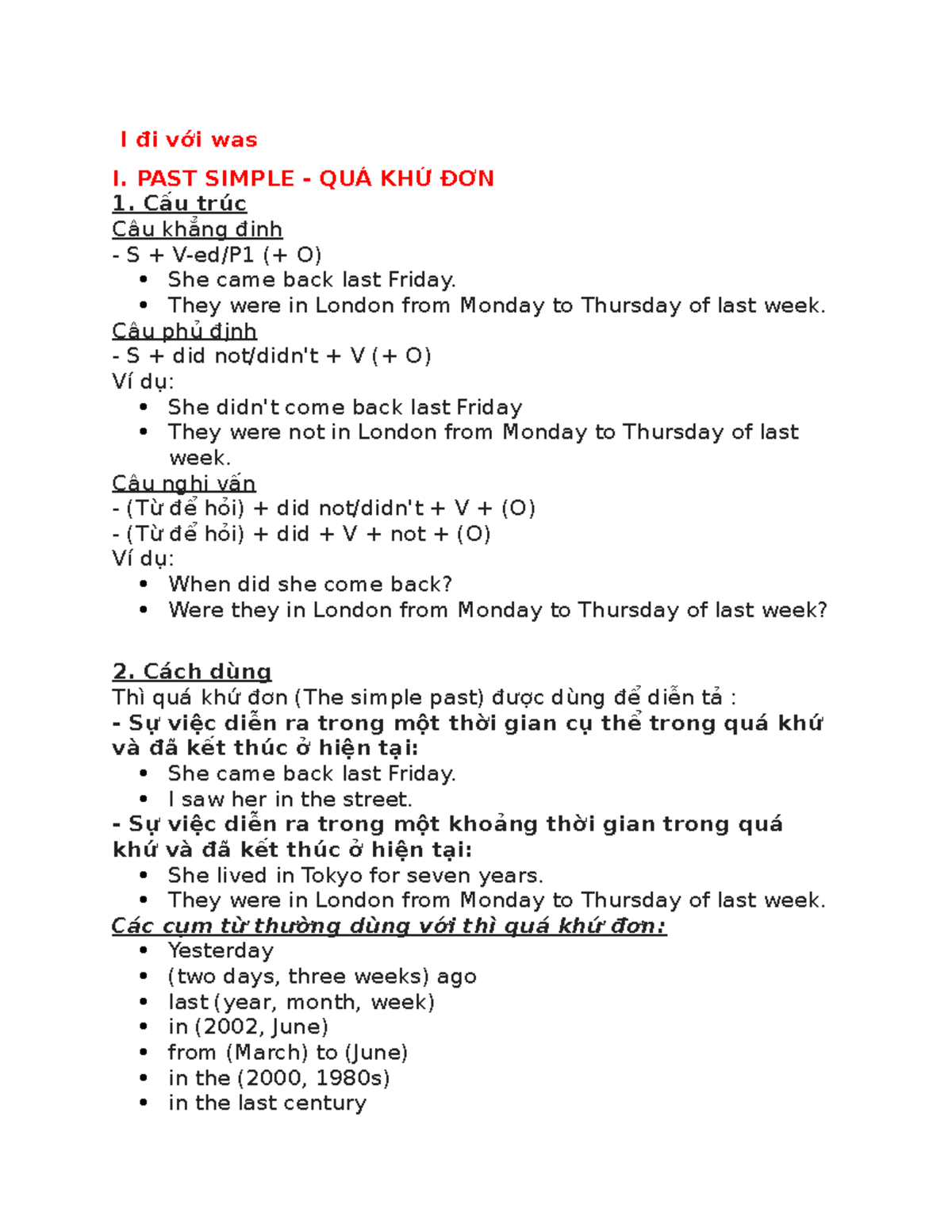 QKĐ-QKTD tiếng anh - I đi với was **I. PAST SIMPLE - QUÁ KHỨ ĐƠN Cấu trúc** Câu khẳng định S ...