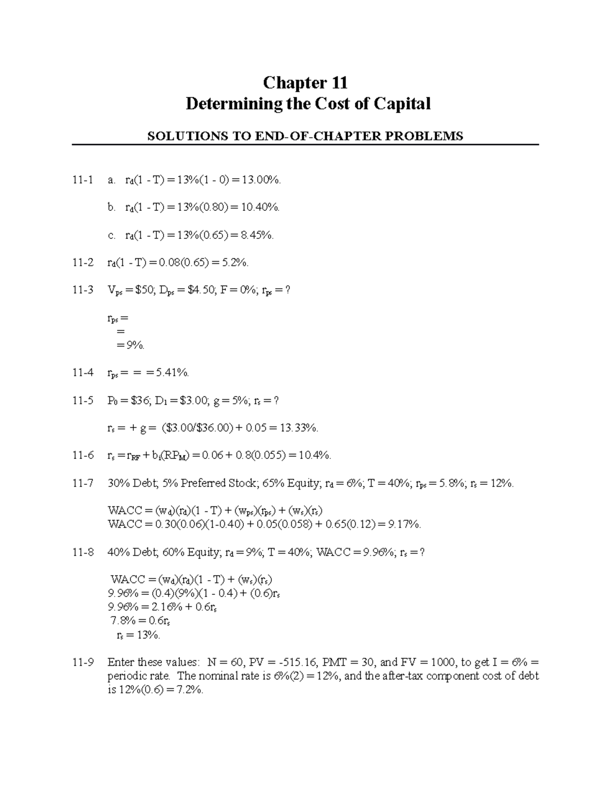 Chapter 11 HWK - Chapter 11 Determining the Cost of Capital SOLUTIONS ...