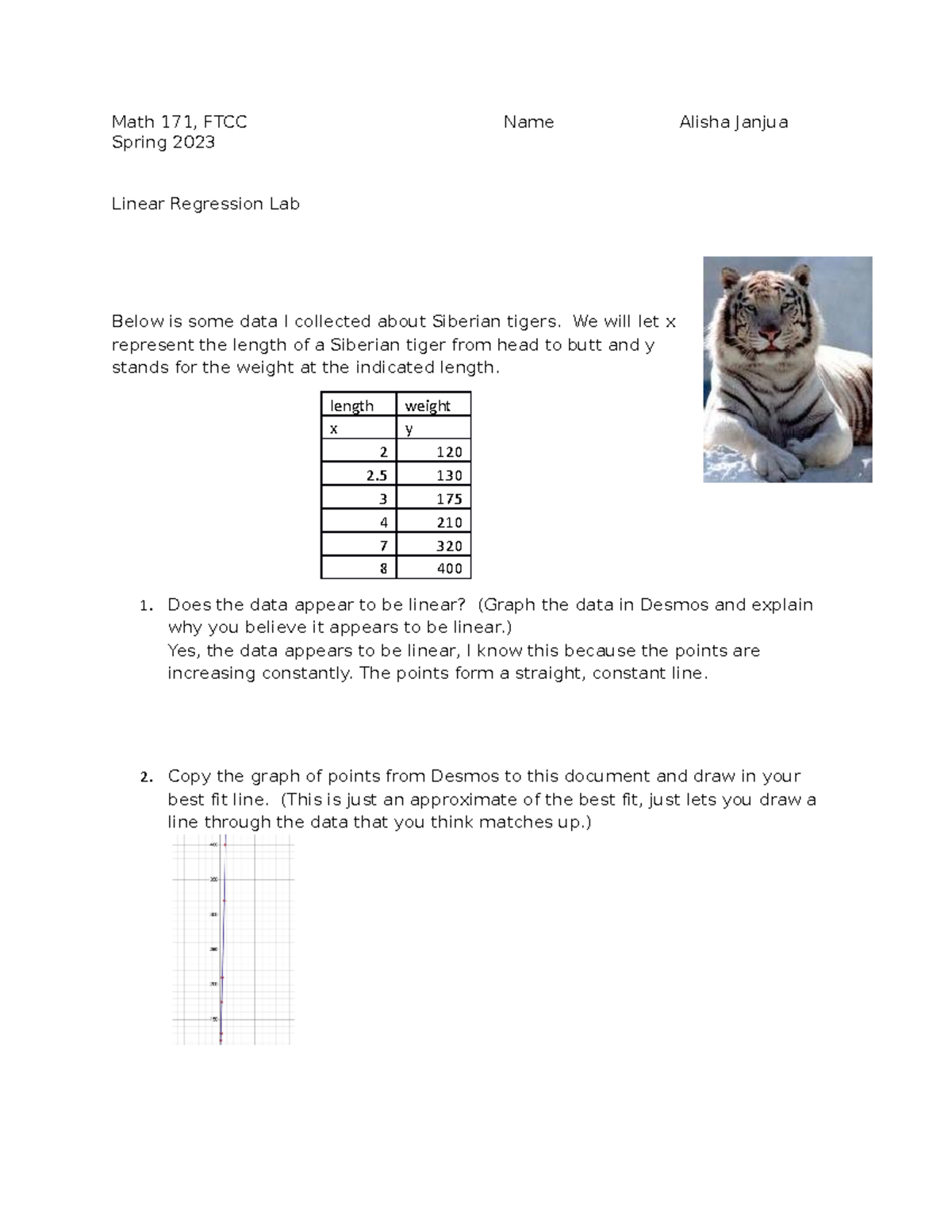 Linear Regression Lab Siberian Tiger Math 171 Ftcc Name Alisha