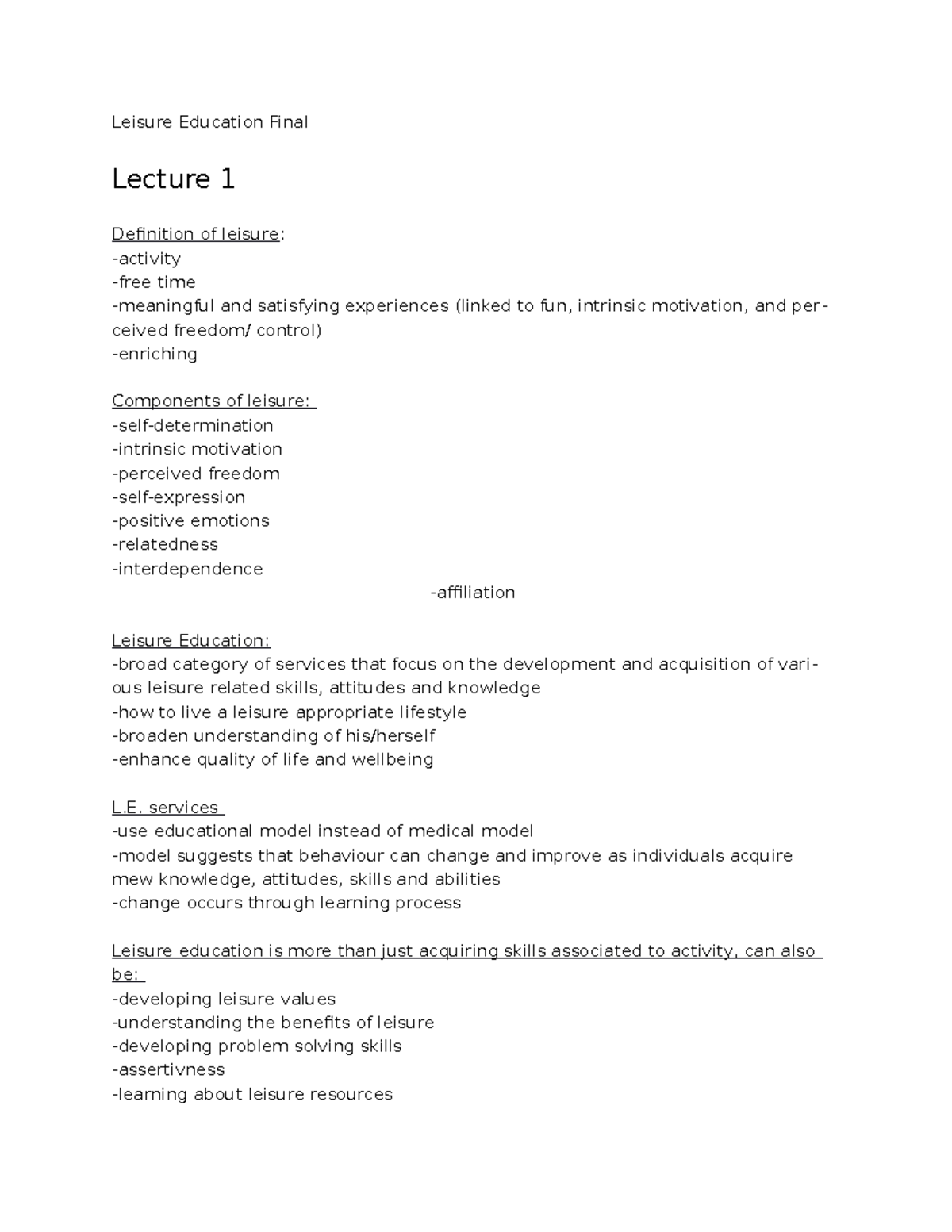 Final notes leisre education - Leisure Education Final Lecture 1 ...