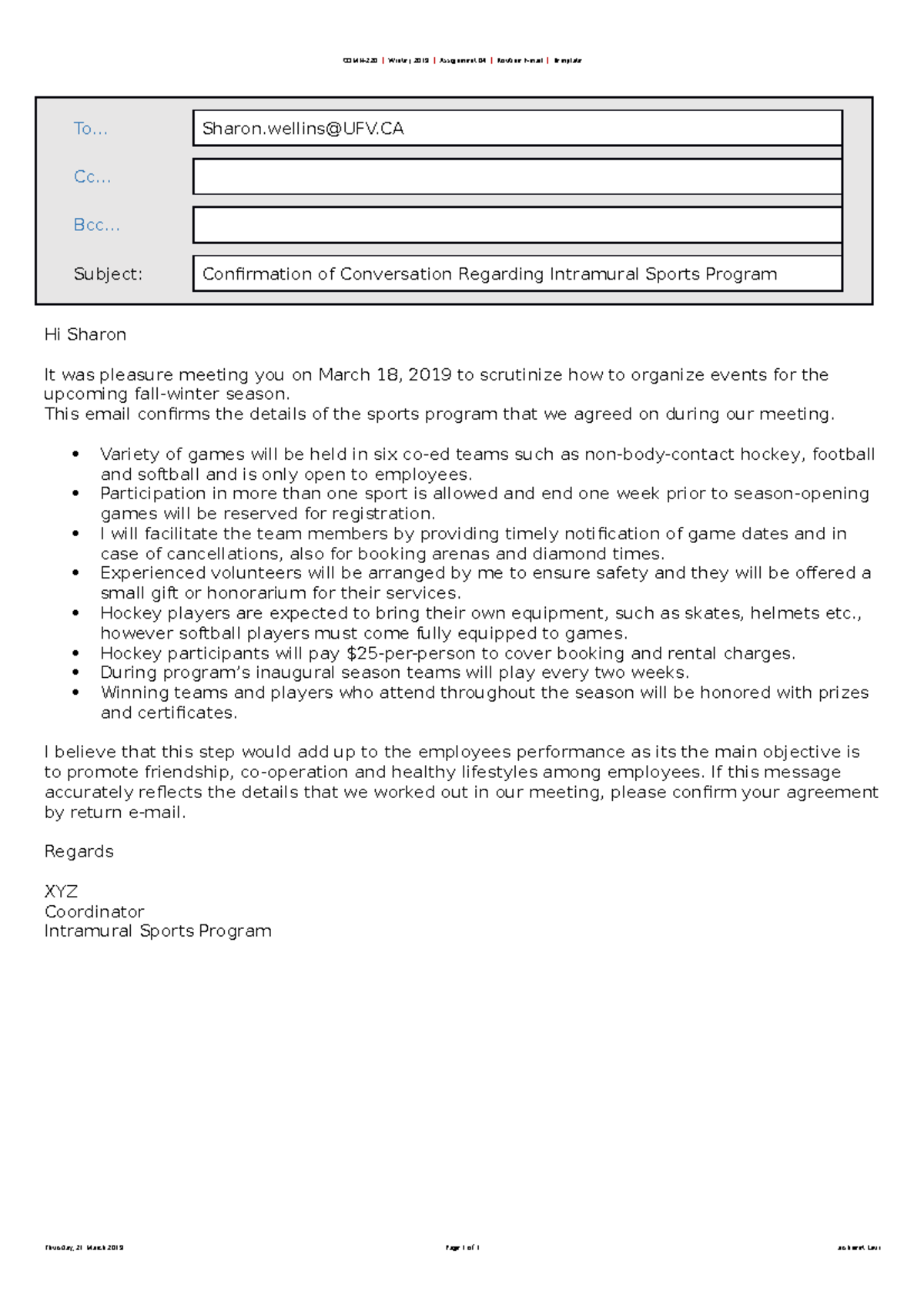 A 04 routine email template - COMN-220 | Winter, 2019 | Assignment 04 ...