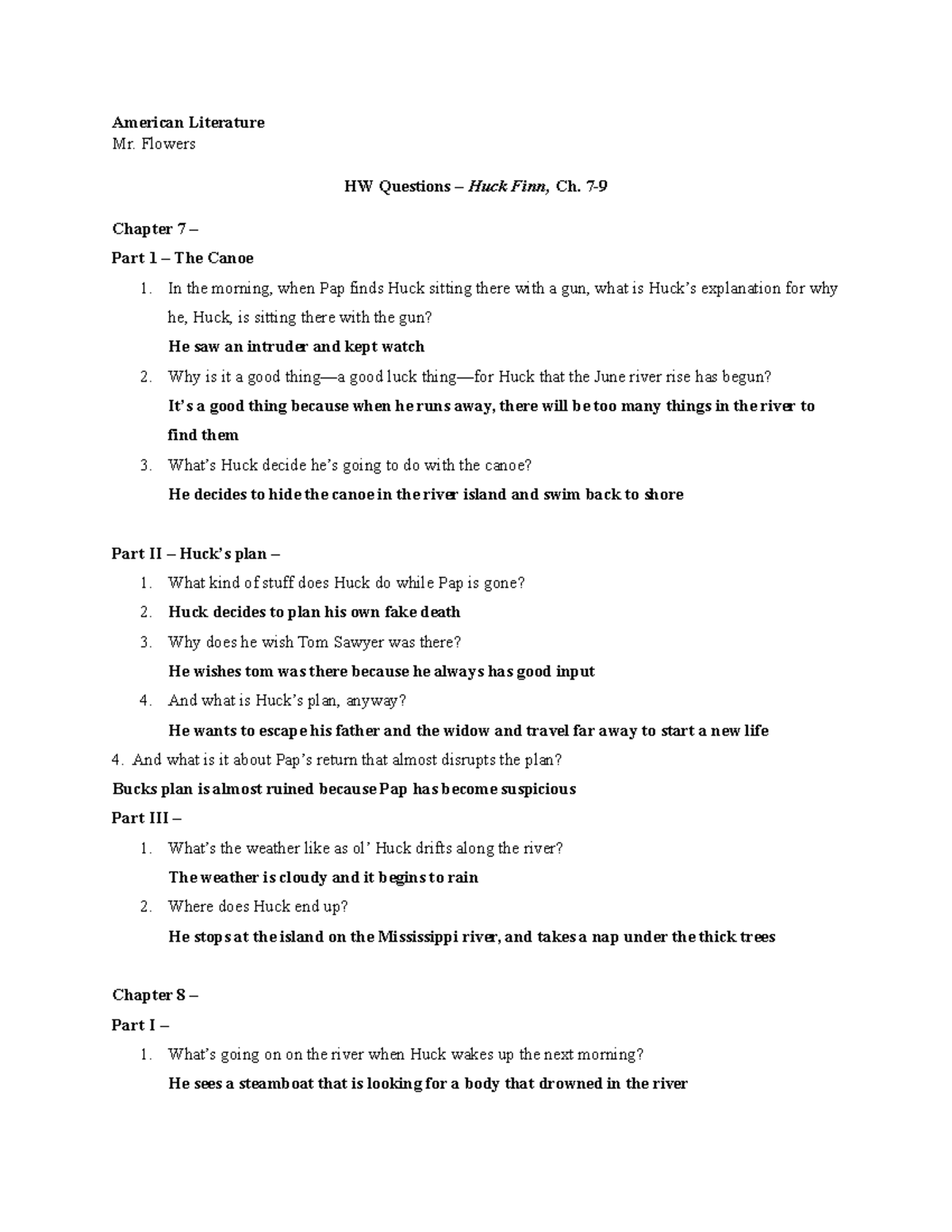 '20 - Huck Finn - HW Questions - The Real Ch. 7-9 - American Literature ...