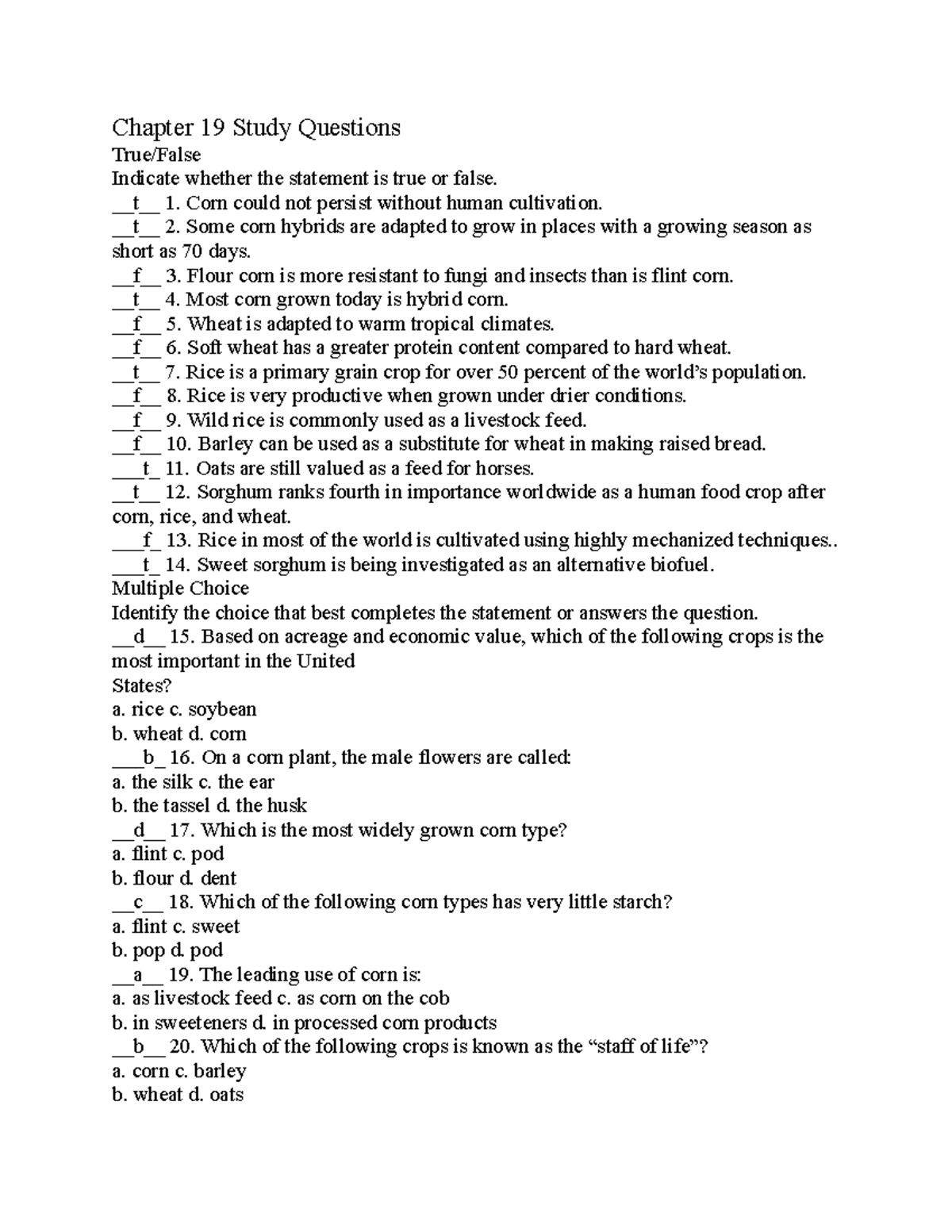 Chapter 19 Study Questions - Chapter 19 Study Questions True/False ...