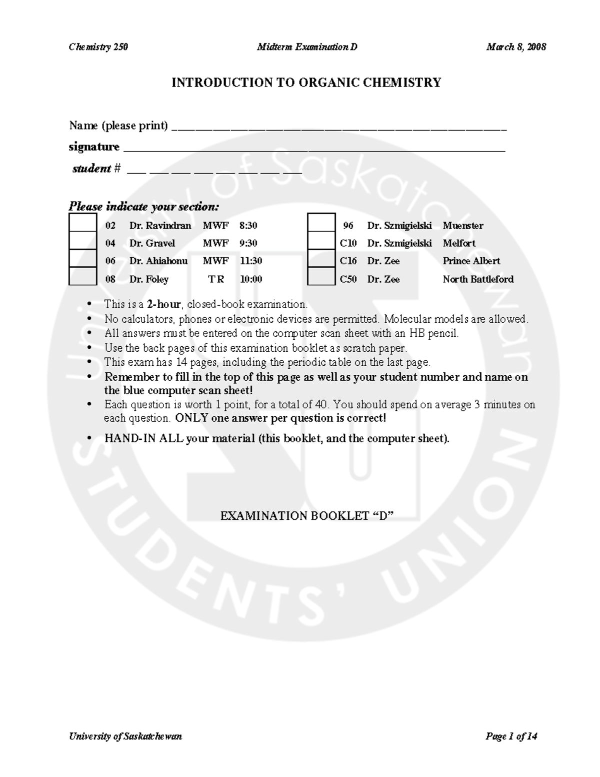 Md 2008 Chemistry 250 - old exams - INTRODUCTION TO ORGANIC CHEMISTRY ...
