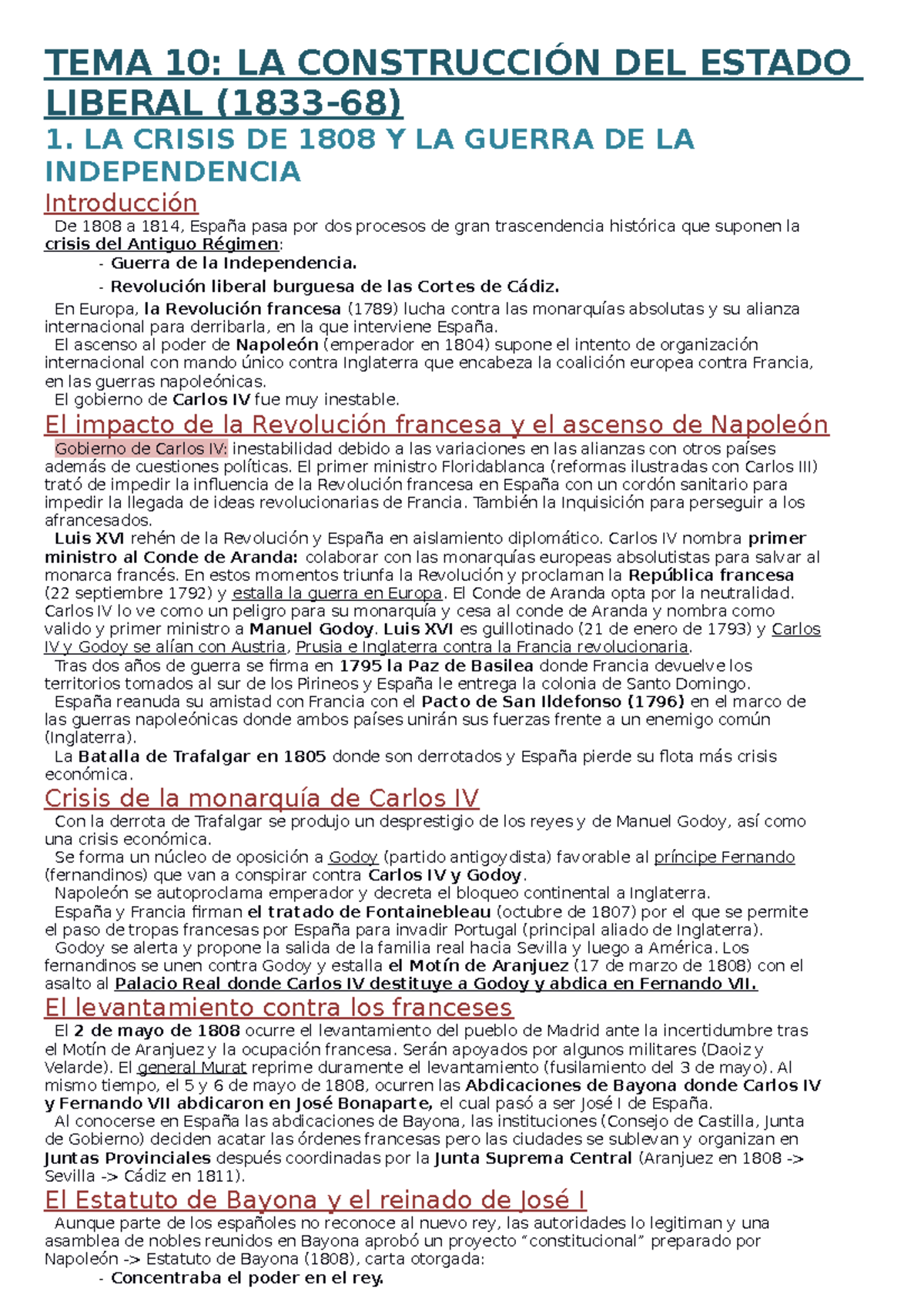 Tema 10 historia - TEMA 10: LA CONSTRUCCIÓN DEL ESTADO LIBERAL (1833-68) 1. LA CRISIS DE 1808 Y ...