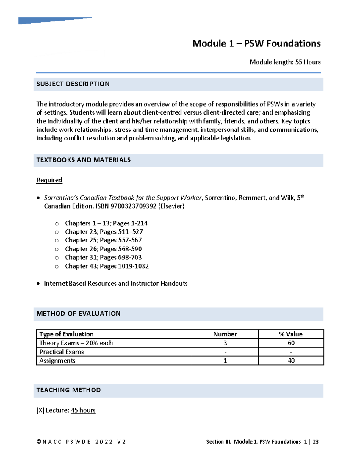 III-1 PSW Foundations-2 - Module 1 – PSW Foundations Module length: 55 Hours SUBJECT DESCRIPTION ...
