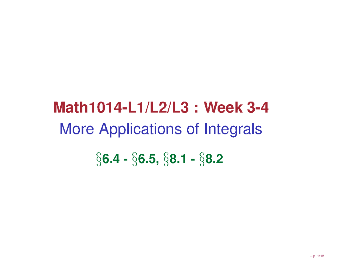 Math014 week3 applications integration - Math1014-L1/L2/L3 : Week 3 ...