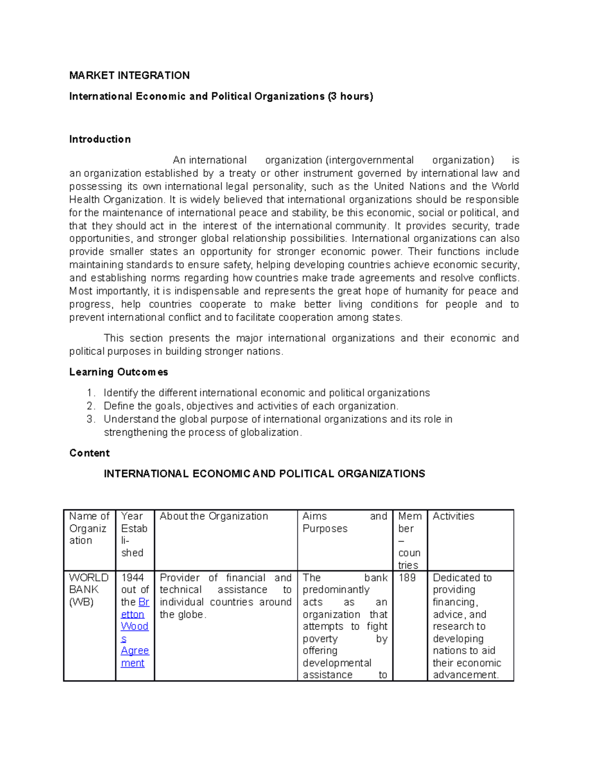 Market Integration - MARKET INTEGRATION International Economic and ...