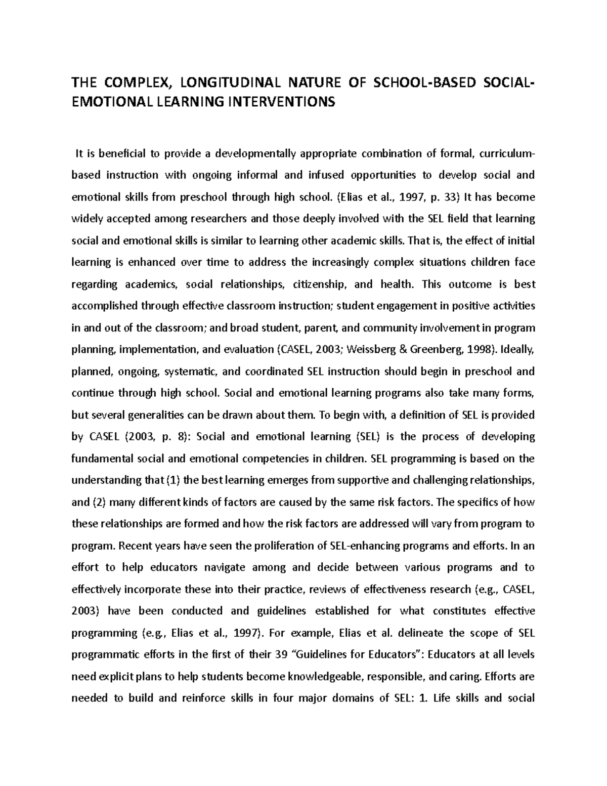 THE Complex, Longitudinal Nature OF School- Based Social- Emotional Learning Interventions - Studocu
