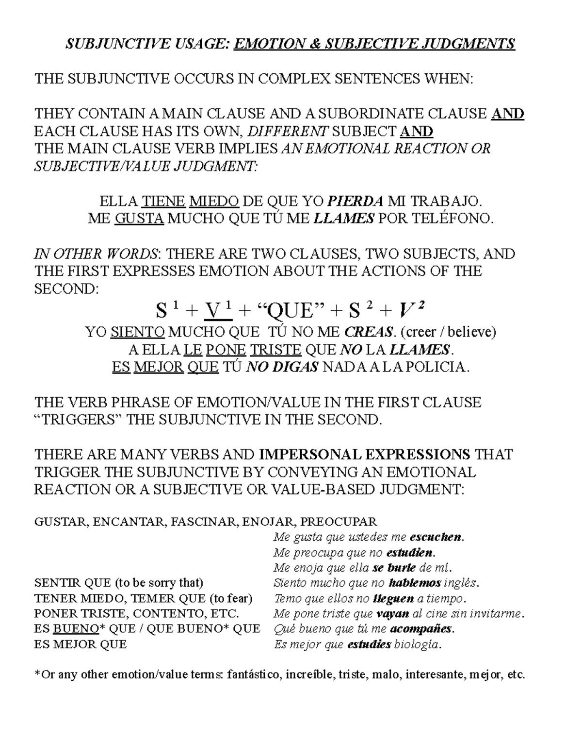 Emotion - Handouts - SUBJUNCTIVE USAGE: EMOTION & SUBJECTIVE JUDGMENTS ...