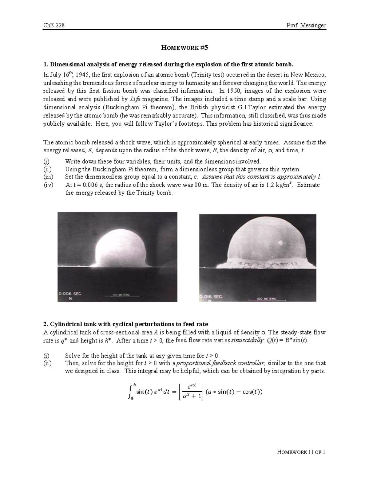 HW-5-Ch E228 - homework - ChE 228 Prof. Messinger HOMEWORK | 1 OF 1 ...