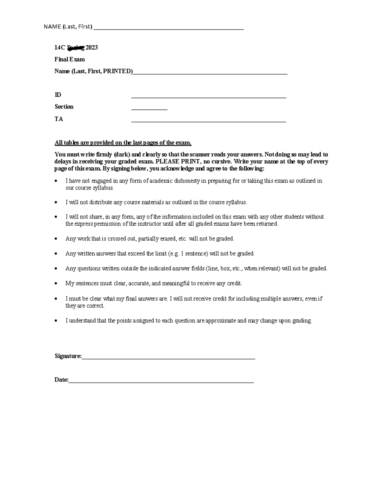 Sample Final 1 - 14C Spring 2023 Final Exam Name (Last, First, - Studocu