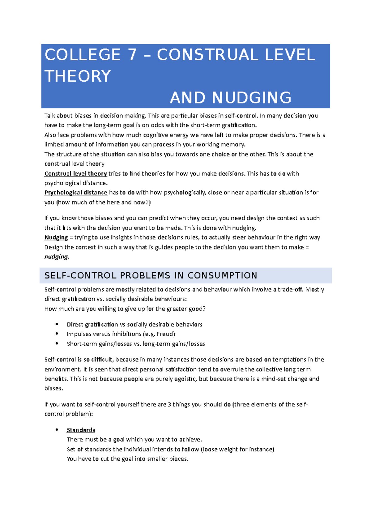 College 7 - Construal level theory and nudging - COLLEGE 7 – CONSTRUAL ...