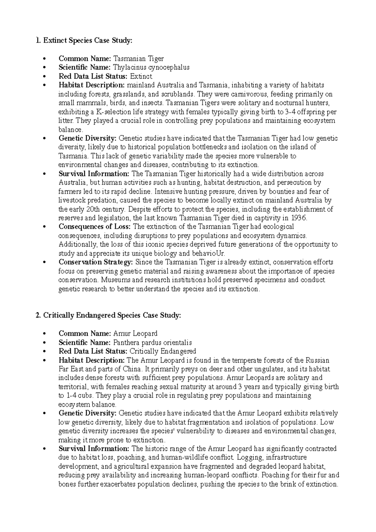 ESS HW - ESS HW - Extinct Species Case Study: Common Name: Tasmanian ... ESS HW - ESS HW - Extinct Species Case Study: Common Name: Tasmanian ...