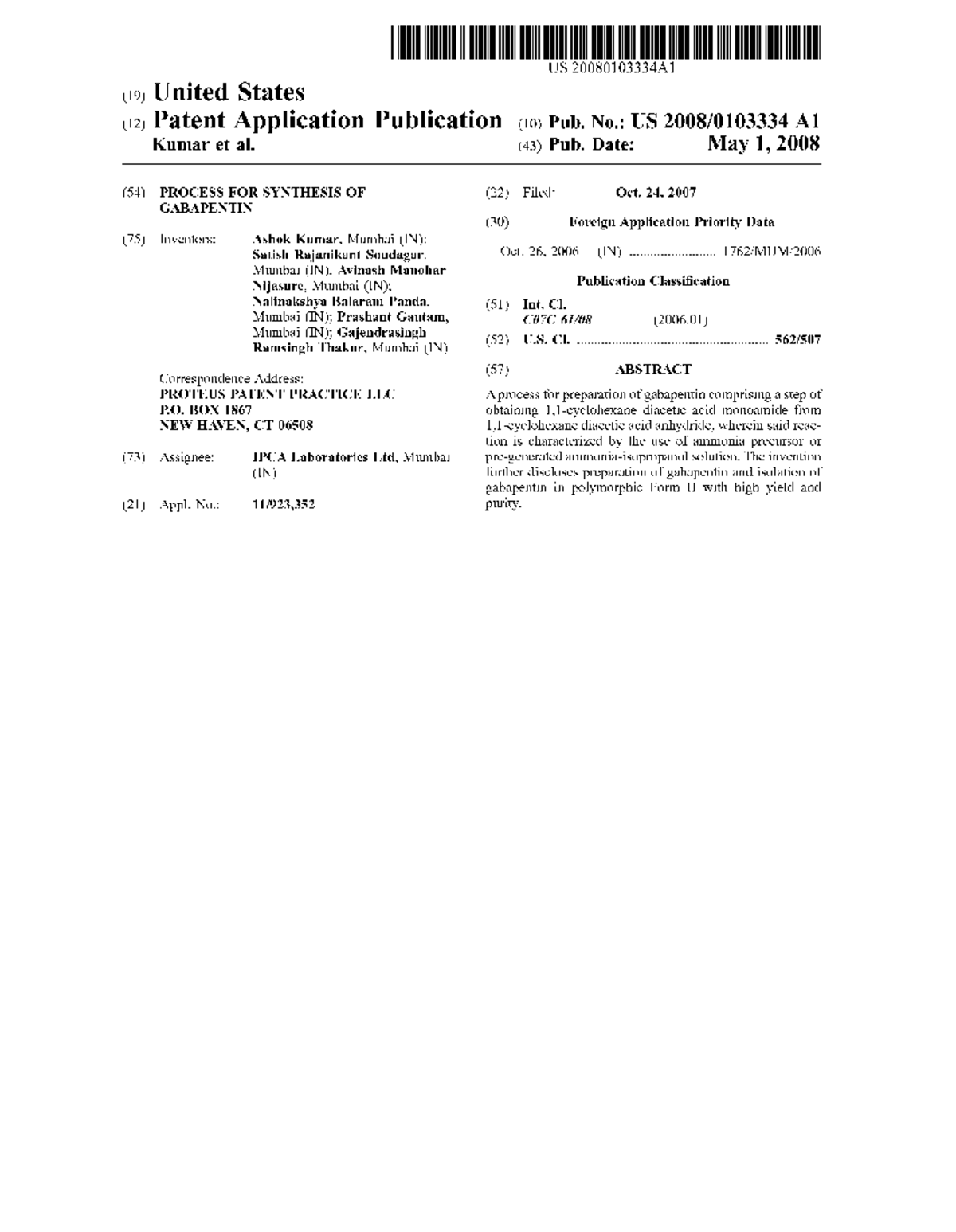 Synthesis Of Gabapentin 19 United States Us 20080 103334a 12 Patent Application