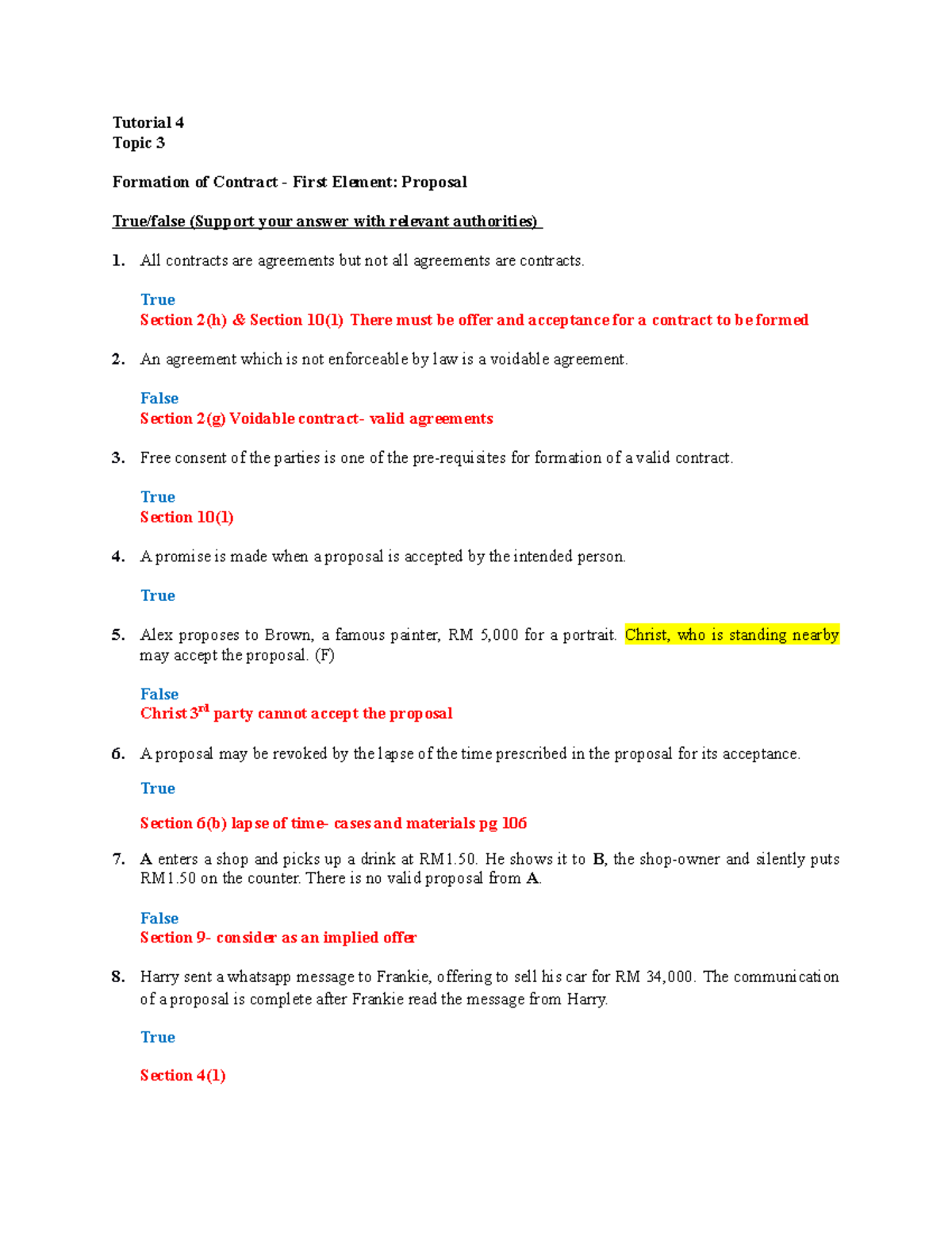 general principle of law - Tutorial 4 Topic 3 Formation of Contract ...