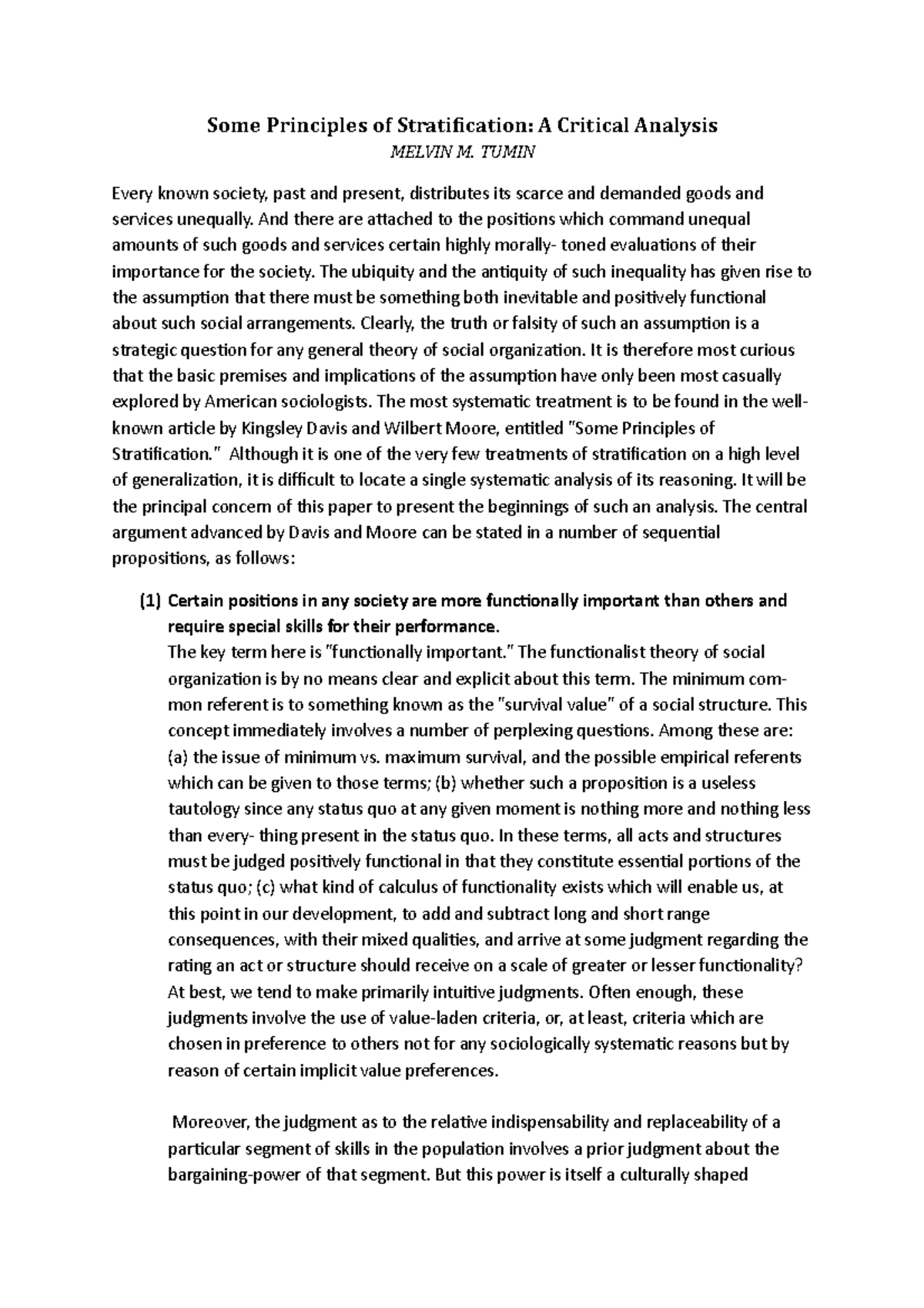 Assignment on Functionalism - Some Principles of Stratification: A ...