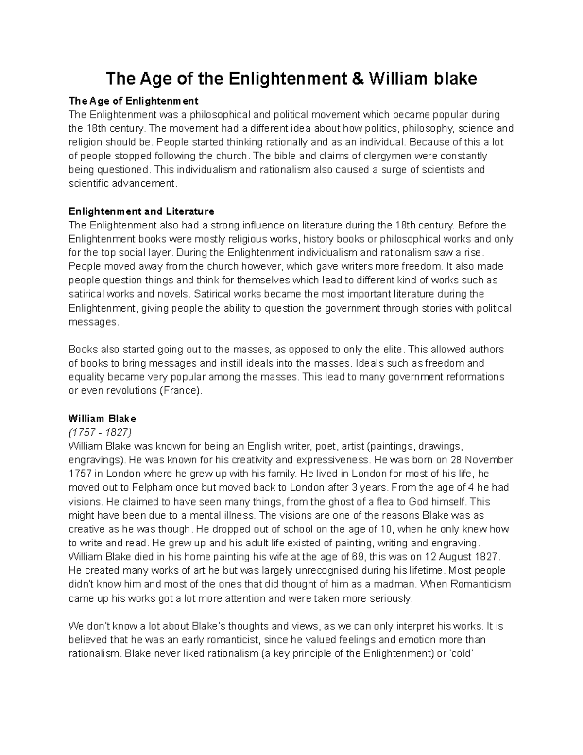 Engels samenvatting age of enlightments, schrijvers en poems - The Age ...