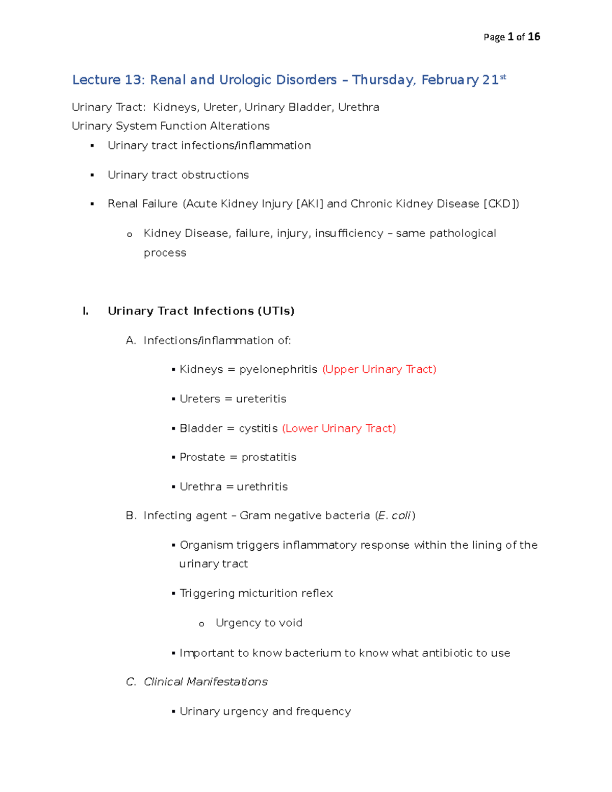 Lecture 13 - Renal and Urologic Disorders - Urinary Tract Infections ...