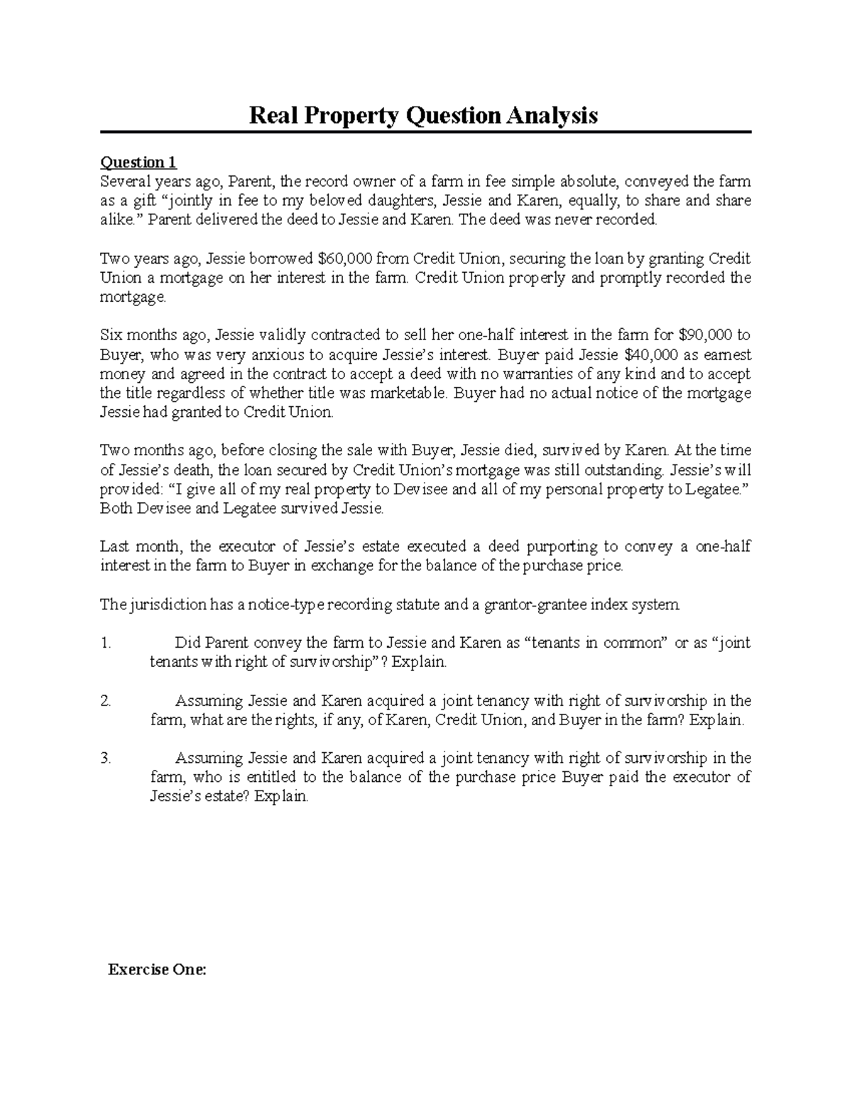 Worksheet in class Real Property Question Analysis - Real Property ...