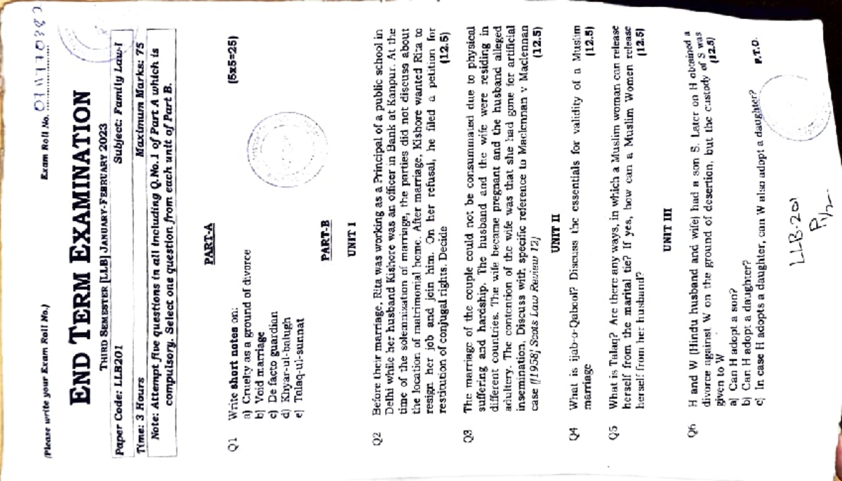 Family law - Exam Roll No, C O? (Please wrlte your Exam Roll No ...
