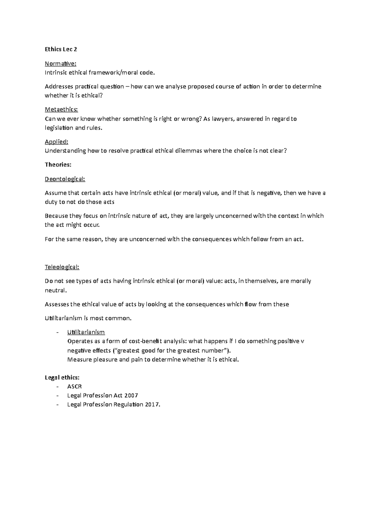 Ethics Lec 2 - Lecture notes - Ethics Lec 2 Normative: Intrinsic ...