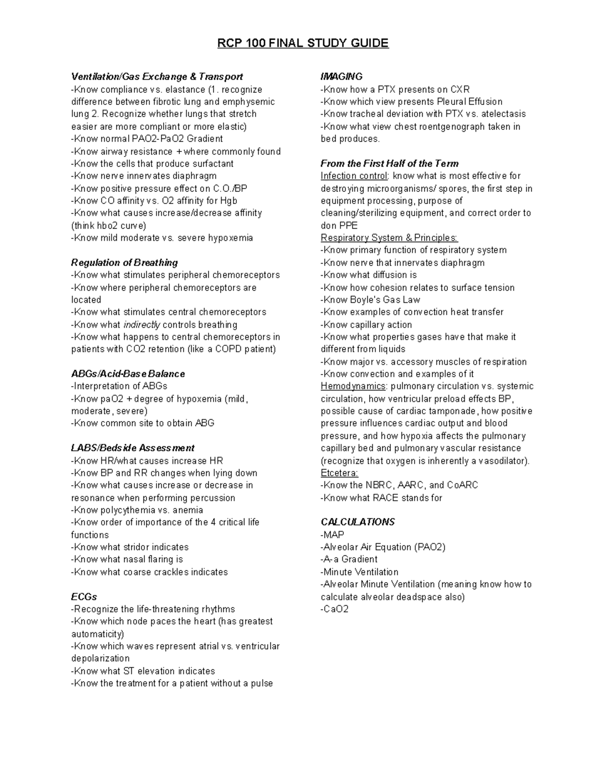 RCP 100 Final Study Guide - RCP 100 FINAL STUDY GUIDE Ventilation/Gas ...
