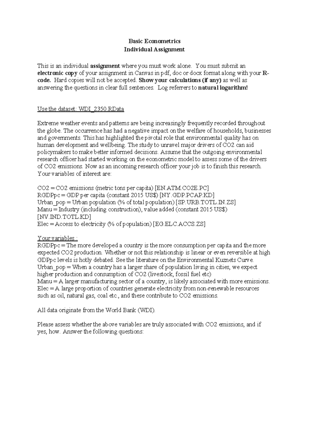 Indiv Home Assignment ECON1066 2350 - Basic Econometrics Individual Assignment This is an ...