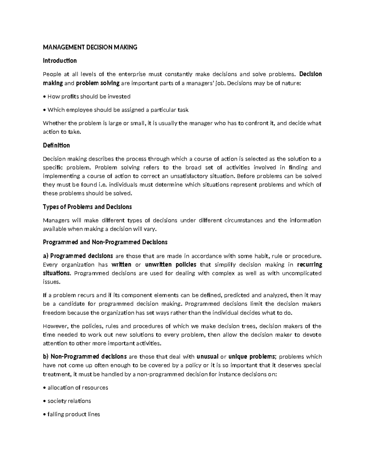 Management - Decision Making - MANAGEMENT DECISION MAKING Introduction ...