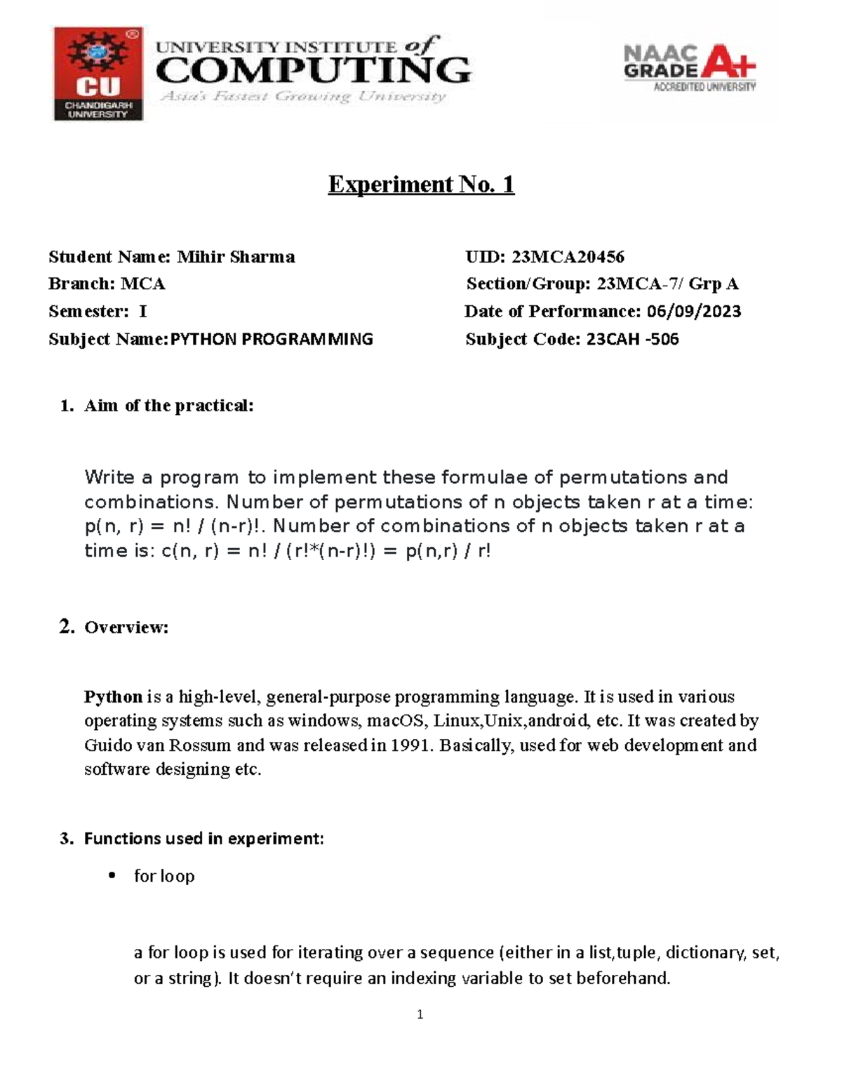 Mihir python 1 - Pyhton exp 1 - Experiment No. 1 Student Name: Mihir Sharma UID: 23MCA Branch ...
