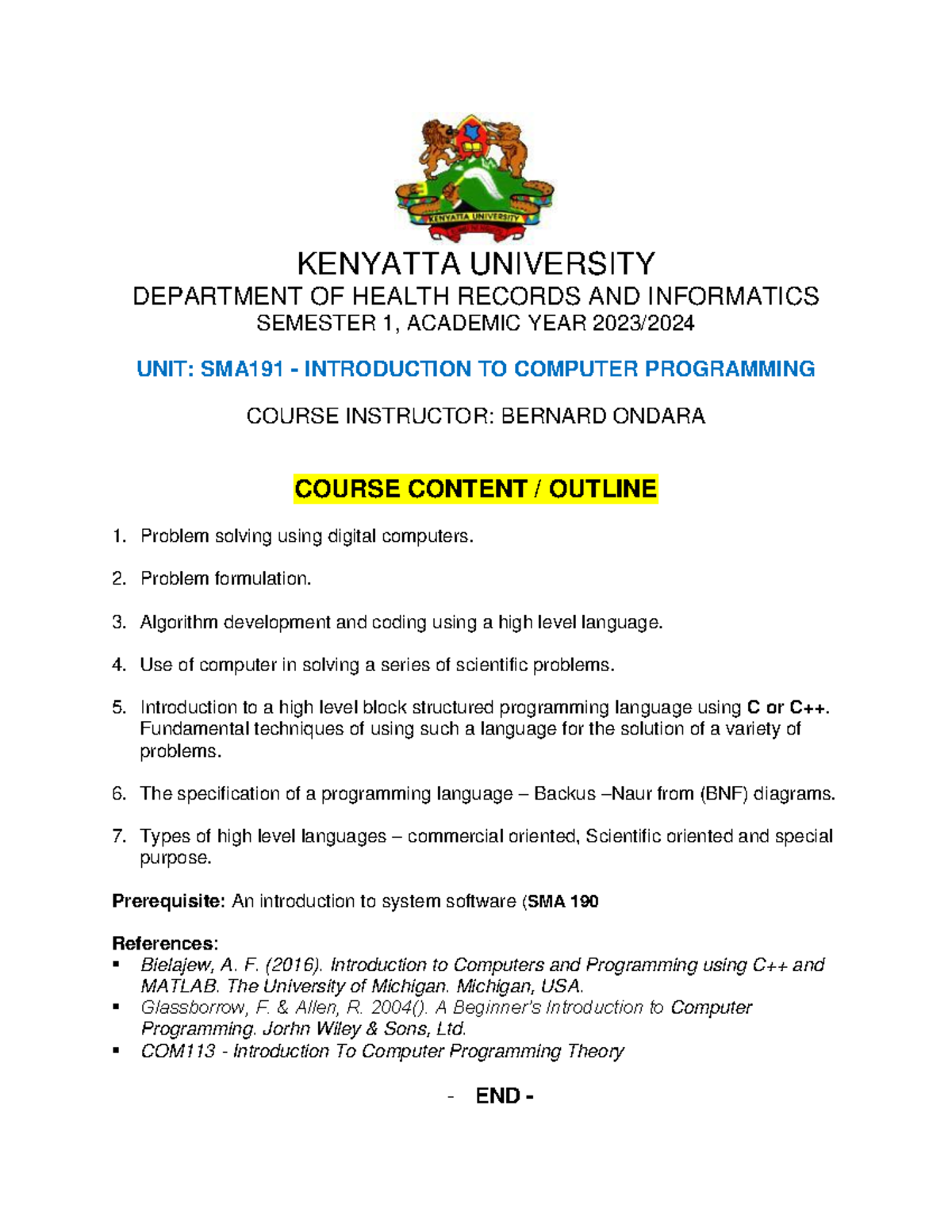 SMA 191 - Introduction to Computer Programming [Course Content] - KENYATTA UNIVERSITY DEPARTMENT ...