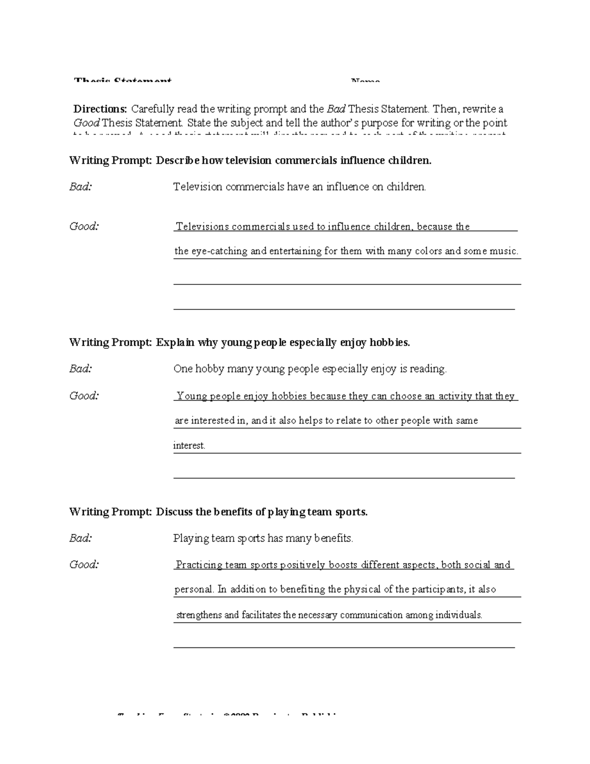 Thesis-Statement-Practice 1 - Thesis Statement Name Directions ...