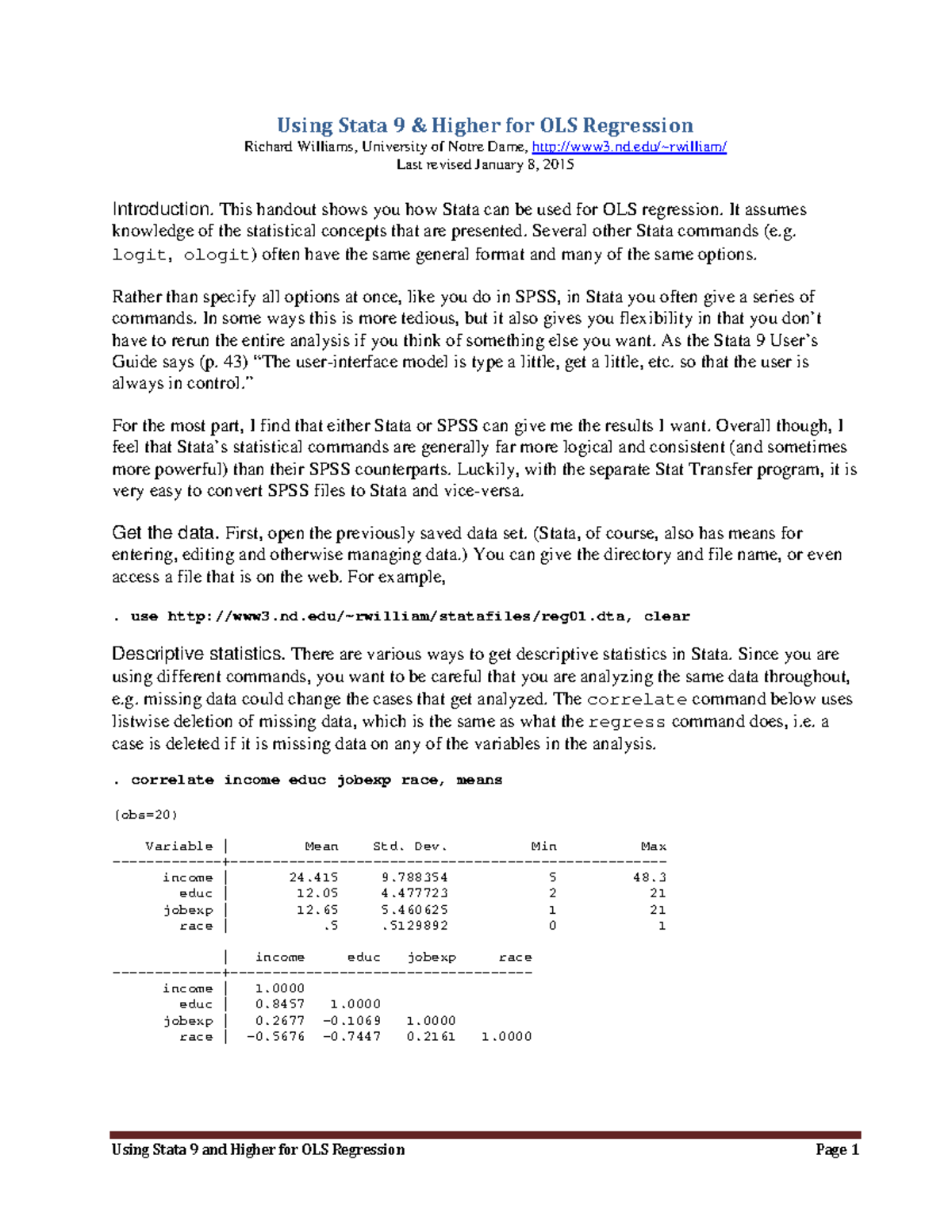 Using Stata 9 & Higher for OLS Regression - Using Stata 9 & Higher for ...