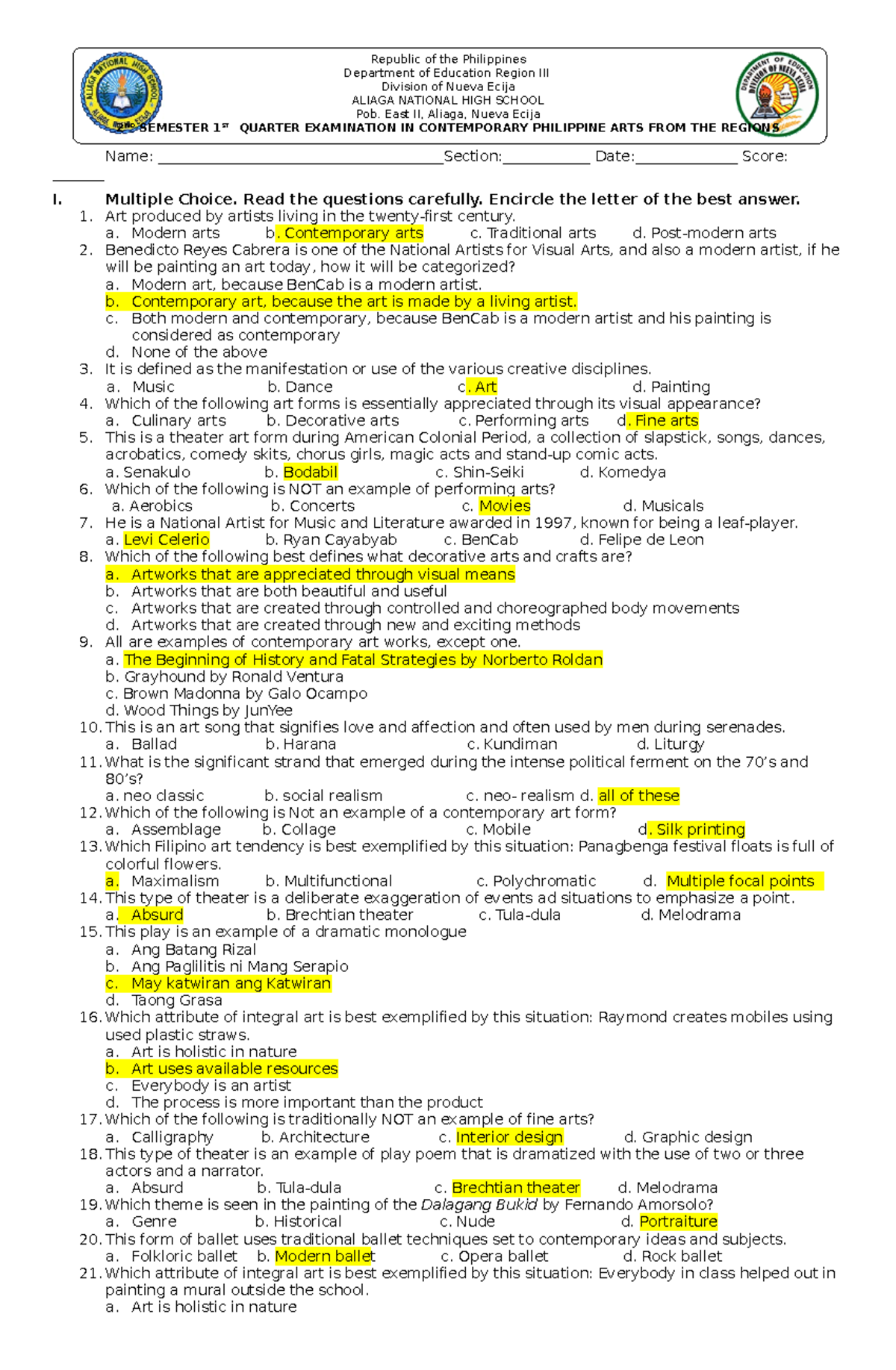1st QExam CPAR-TOS - First Quarter Exam - Republic of the Philippines ...