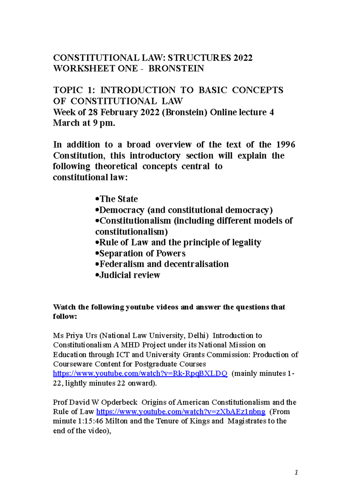 Constitutionalism worksheet 2022 Topic one - CONSTITUTIONAL LAW ...