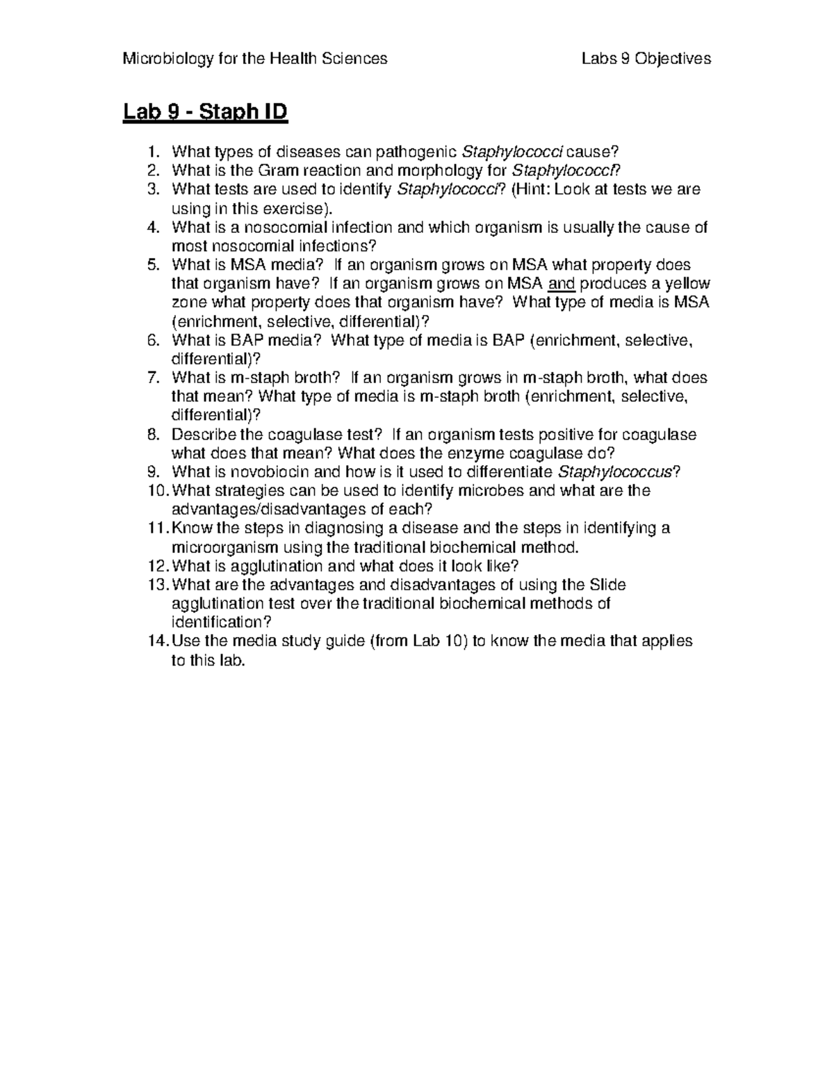 Objectives 9 Revised SP15 - Microbiology for the Health Sciences Labs 9 Objectives Lab 9 - Staph ...