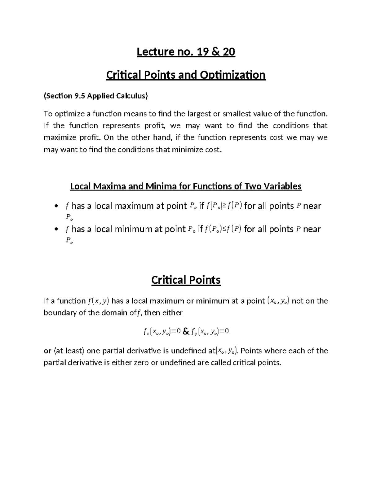 Lec 19 and 20 (Optimization) - Lecture no. 19 & 20 Critical Points and Optimization (Section 9 ...