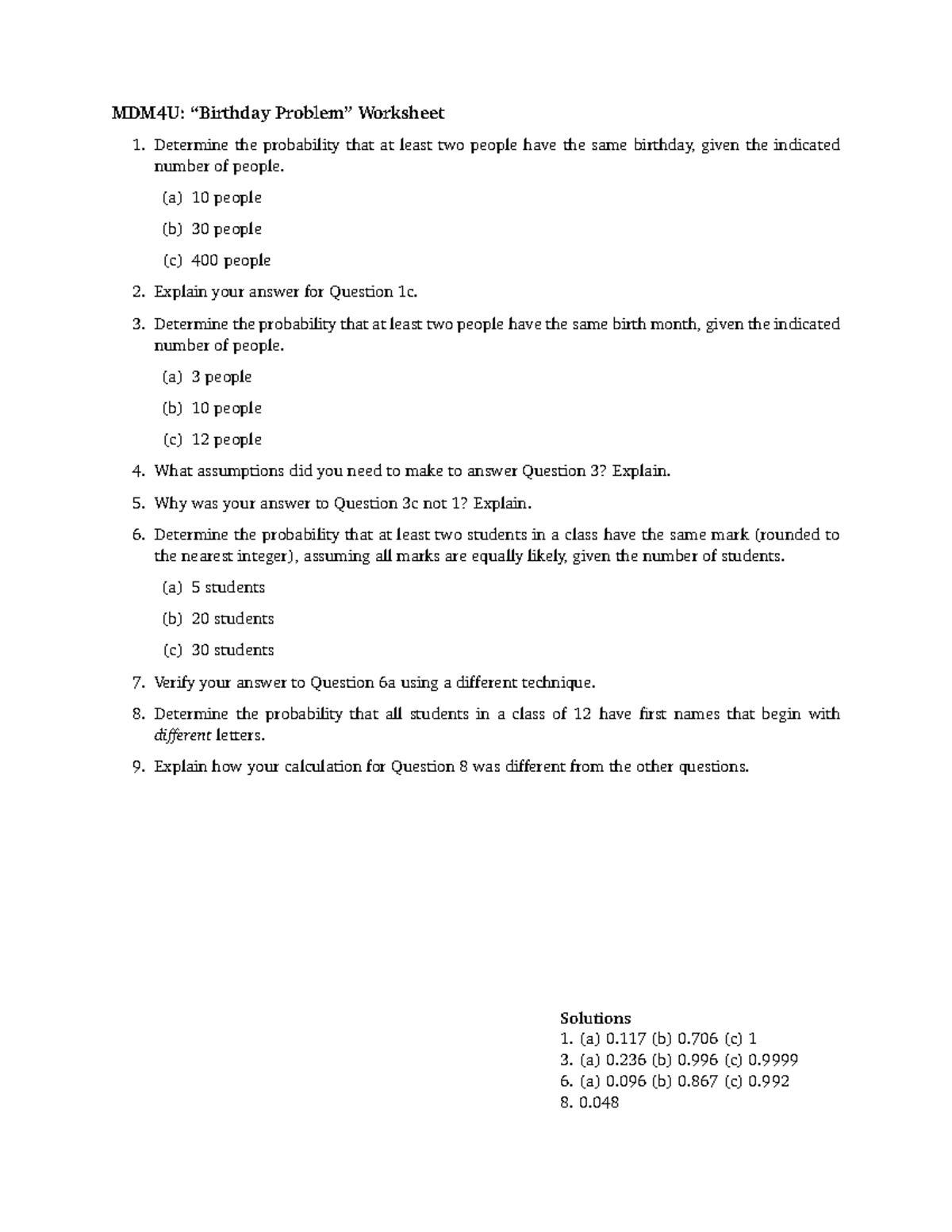 Birthday Problem Worksheet - MDM4U: “Birthday Problem” Worksheet ...
