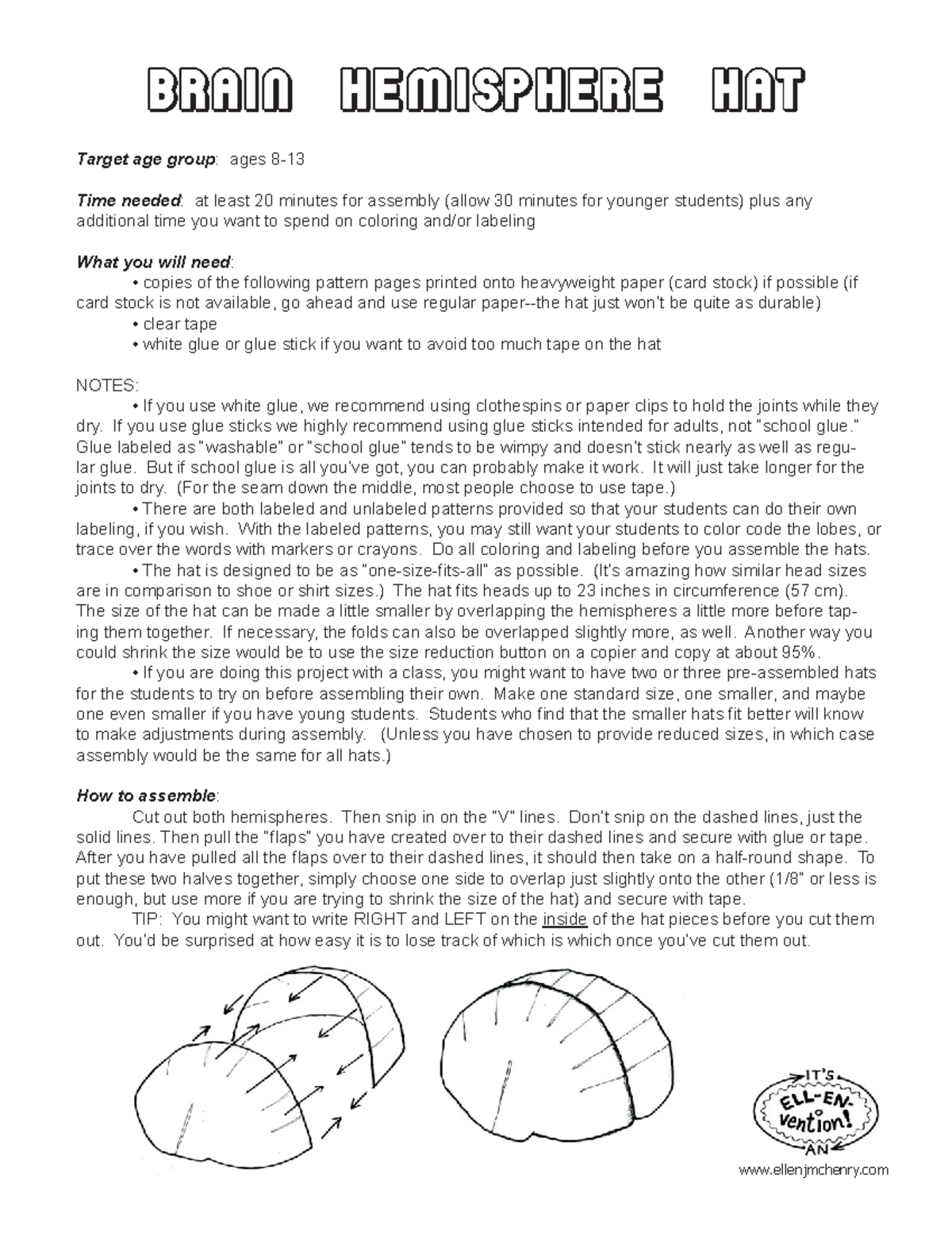 Brain Hat Color - BRAIN HEMISPHERE HAT Target age group: ages 8- Time ...
