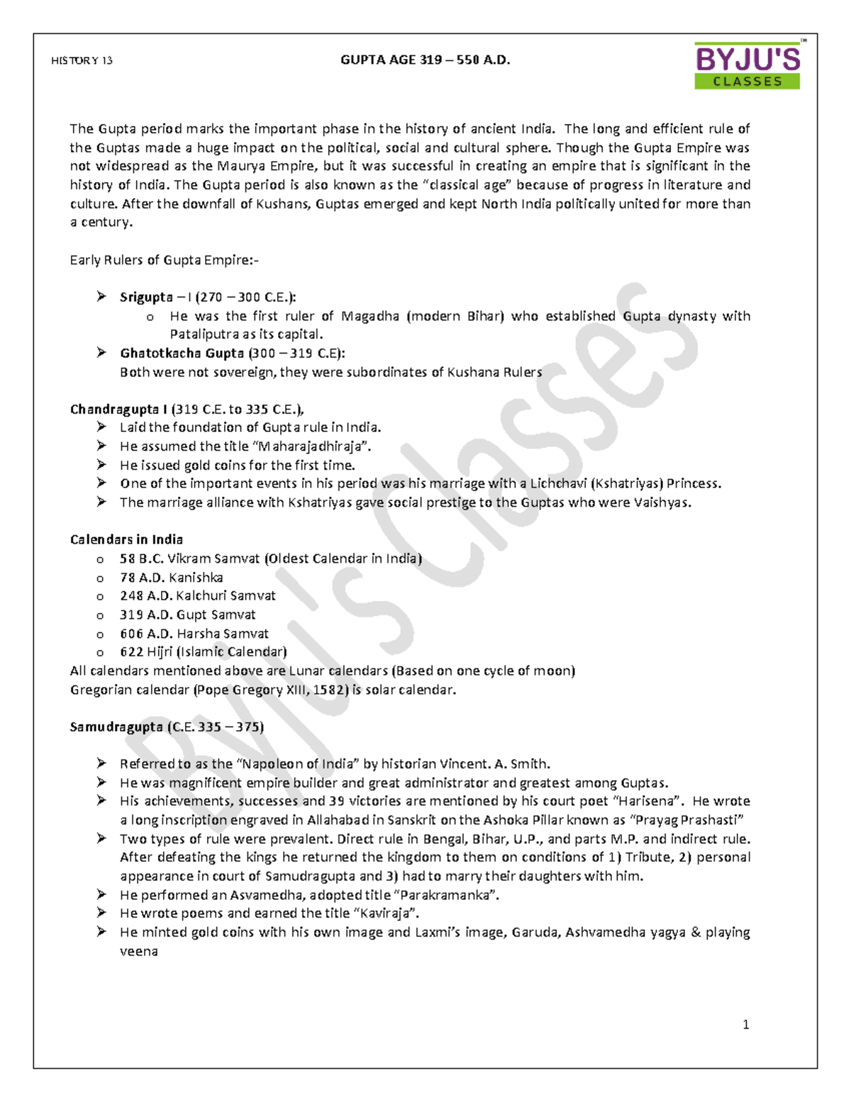 History Lecture 13 notes - The Gupta period marks the important phase ...