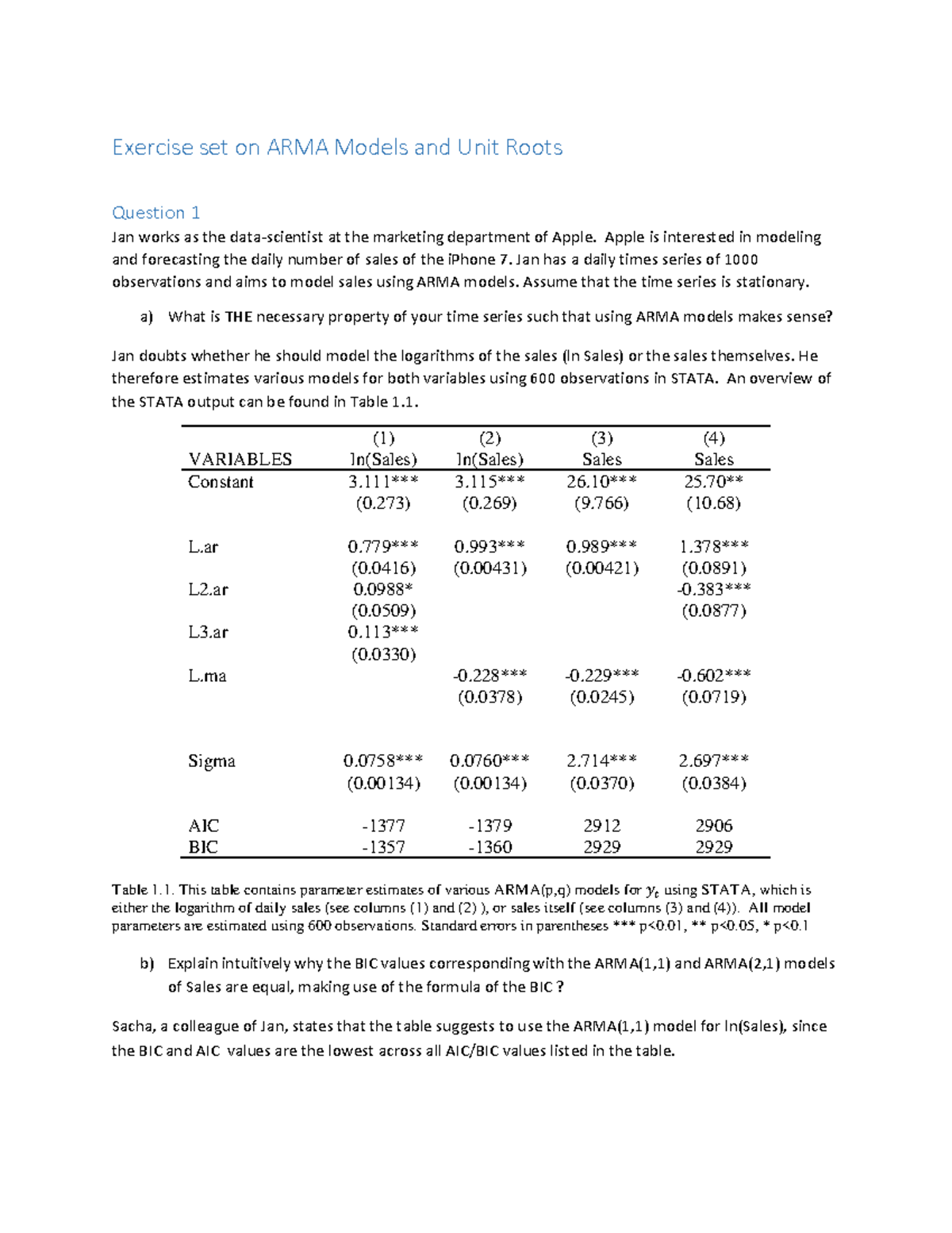 Exercise set ARMA Models and Unit Roots - Exercise set on ARMA Models ...