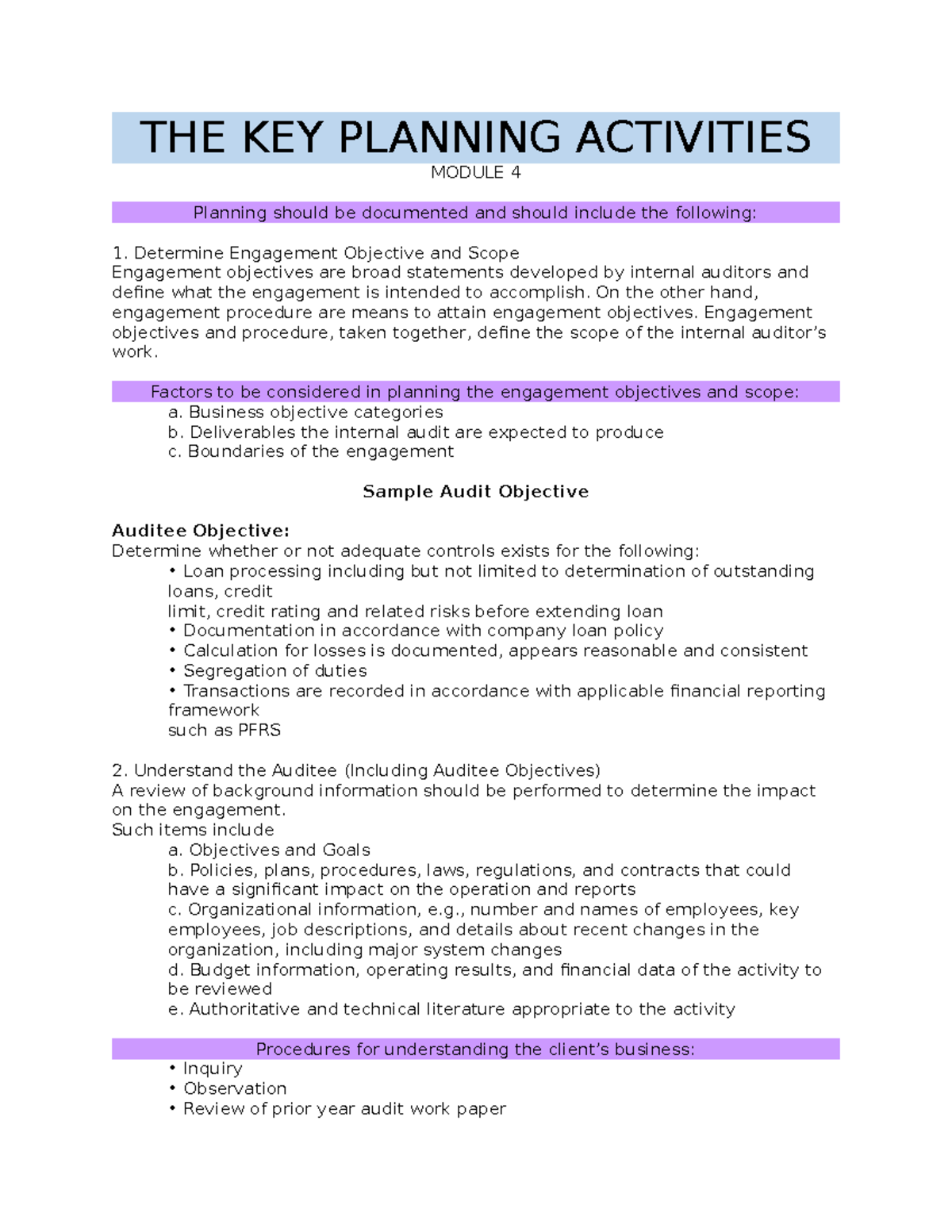 THE KEY Planning Activities 4 - THE KEY PLANNING ACTIVITIES MODULE 4 ...